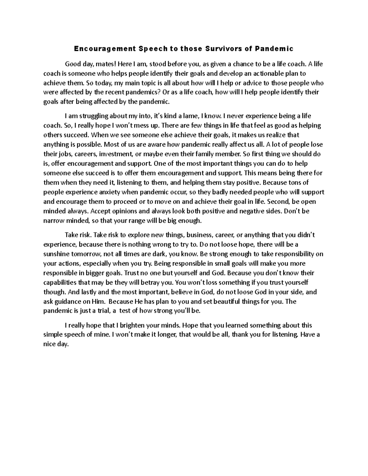 Encouragement Speech to those Survivors of Pandemic - A life coach is ...