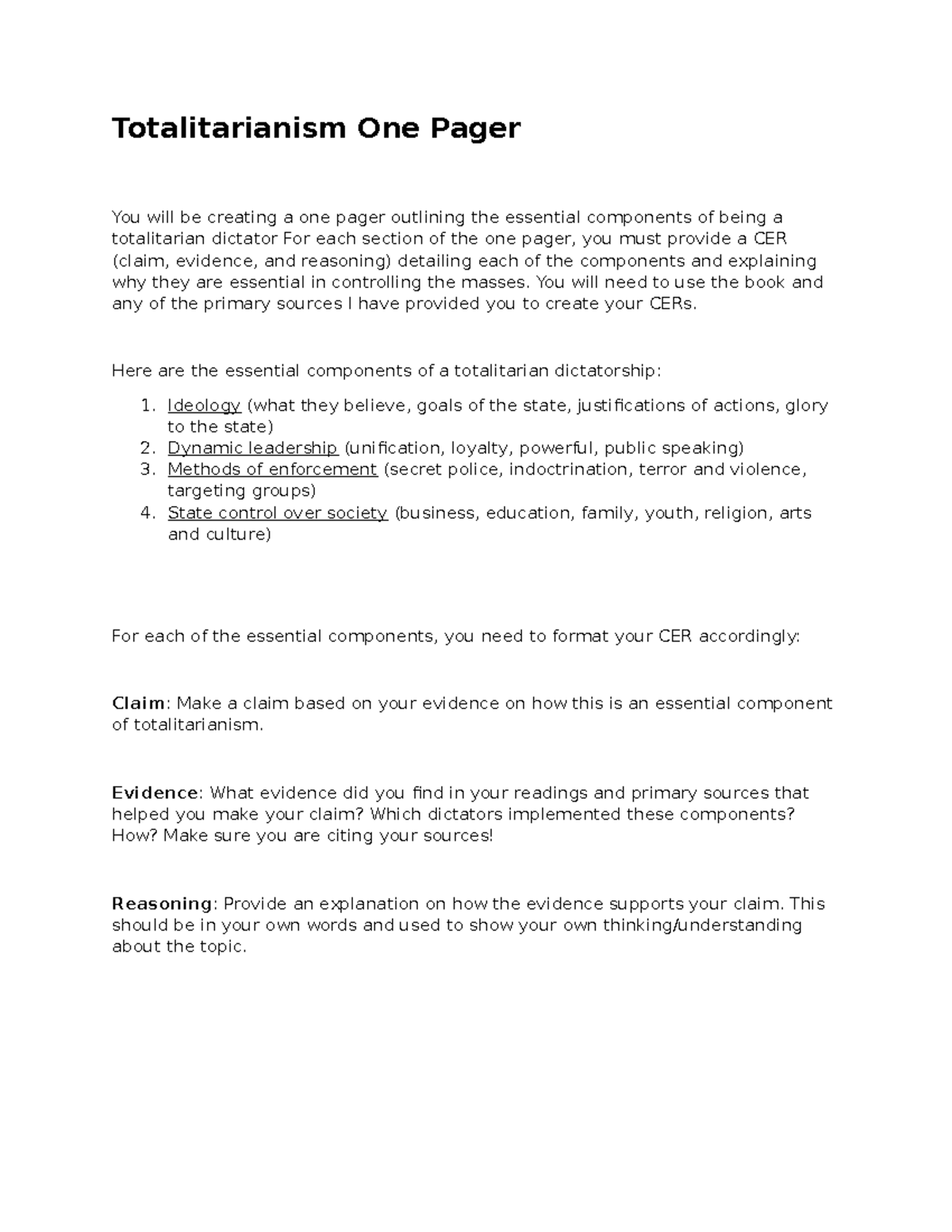 Totalitarianism One Pager CER - Totalitarianism One Pager You will be ...