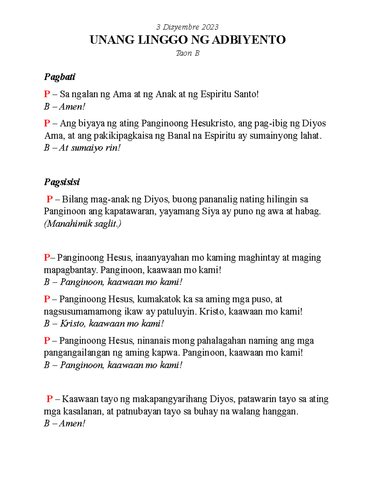 Ritu Unang Linggo ng Adbiyento - UNANG LINGGO NG ADBIYENTO Taon B ...