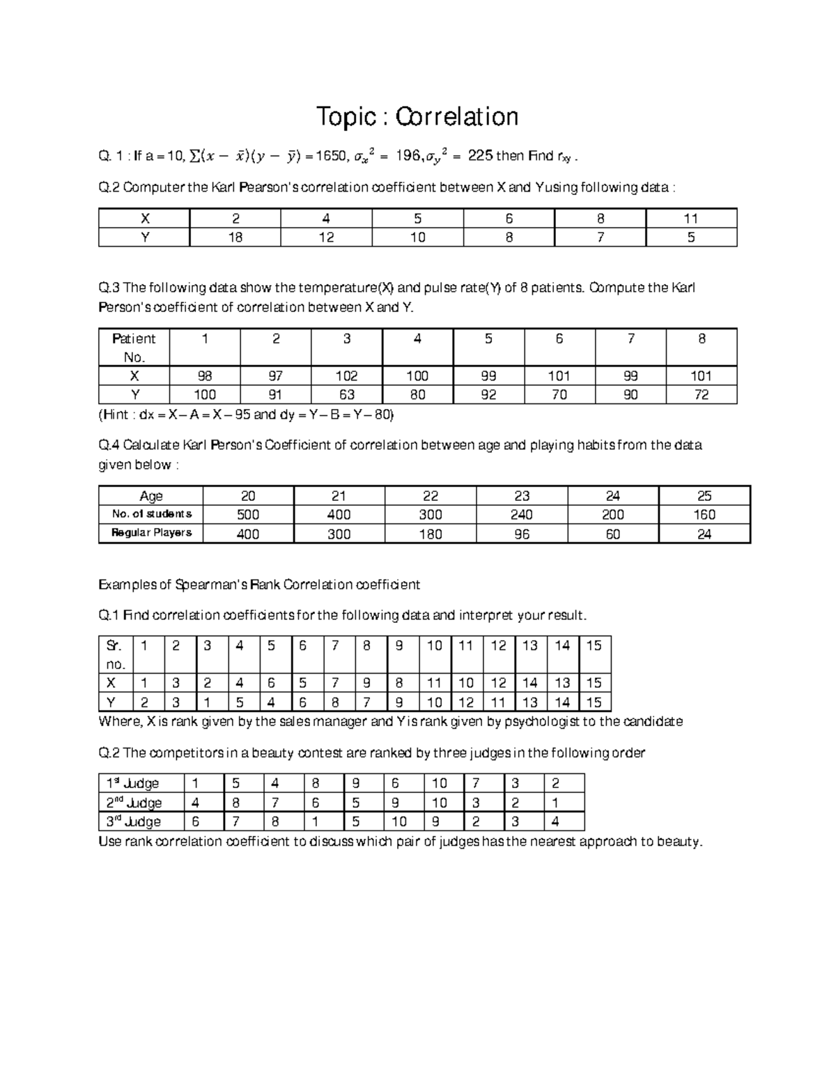 Correlation and regression 10 - 8 - 2022 - Topic : Correlat ion Q. 1 ...