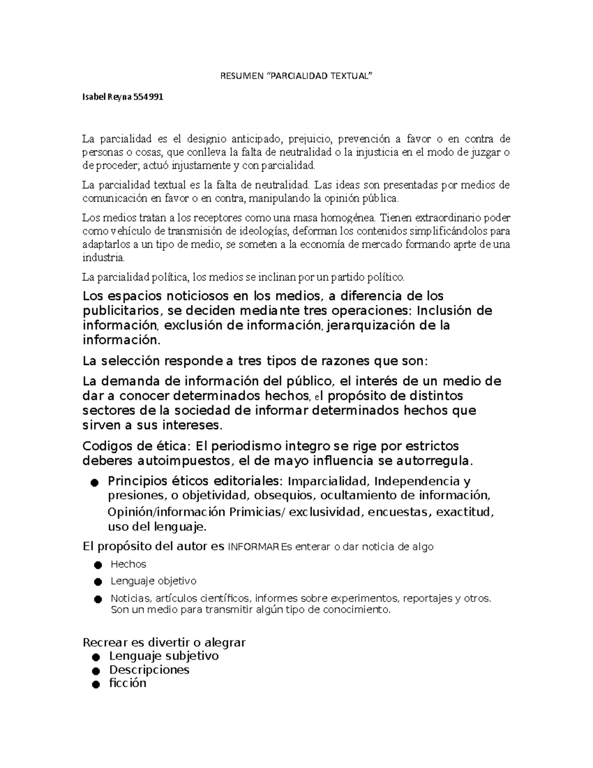 Resumen Parcialidad Textual - RESUMEN “PARCIALIDAD TEXTUAL” Isabel ...