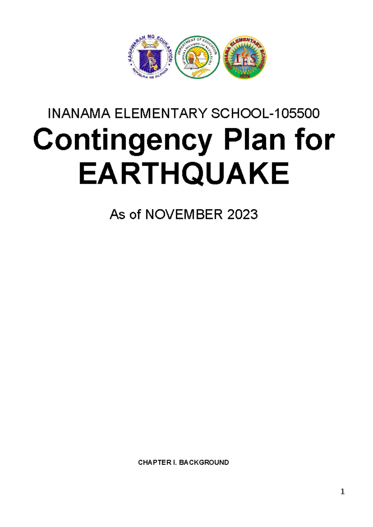 IES DRRM-Con Plan-Earthquake - INANAMA ELEMENTARY SCHOOL- Contingency ...