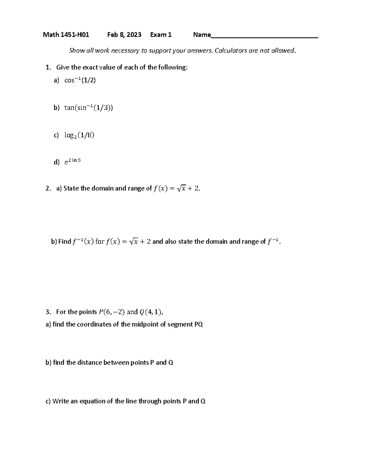 Math Exam - Professor Patty Schovanec - Math 1451-H01 Feb 8, 2023 Exam ...