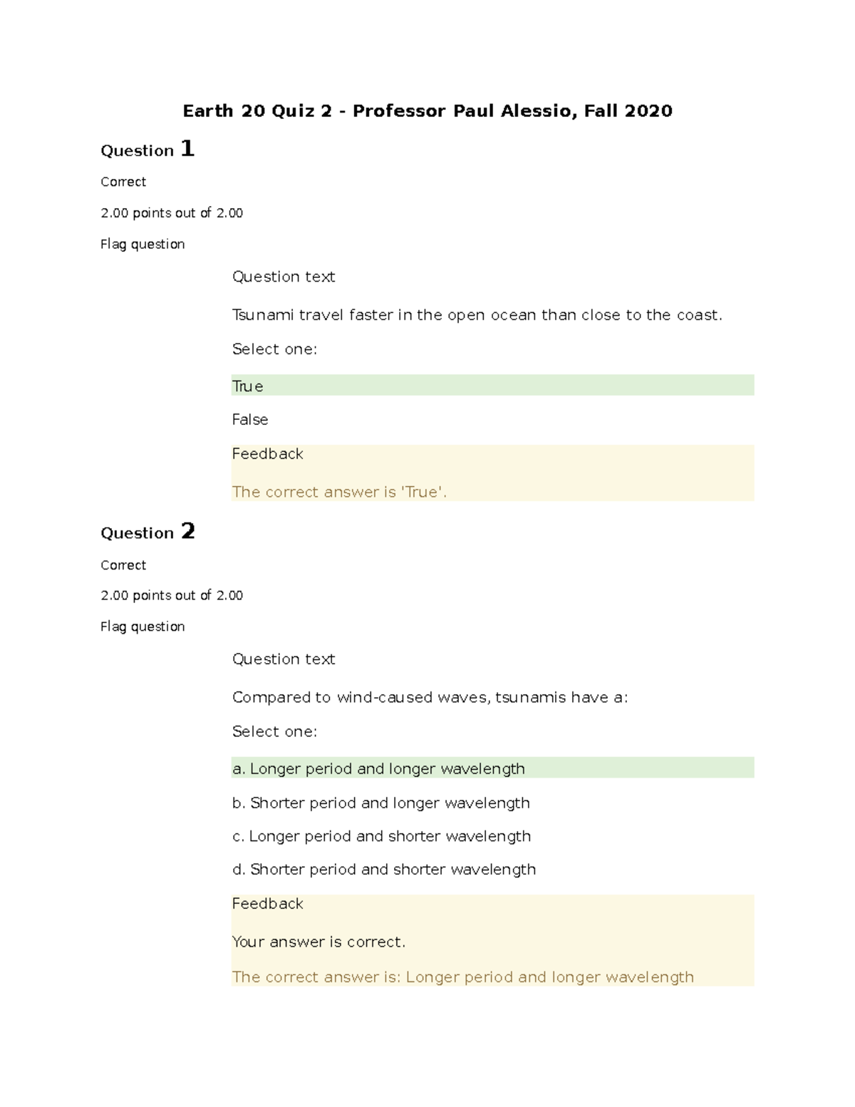 Earth 20 Quiz 2 - Earth 20 Quiz 2 - Professor Paul Alessio, Fall 2020 ...