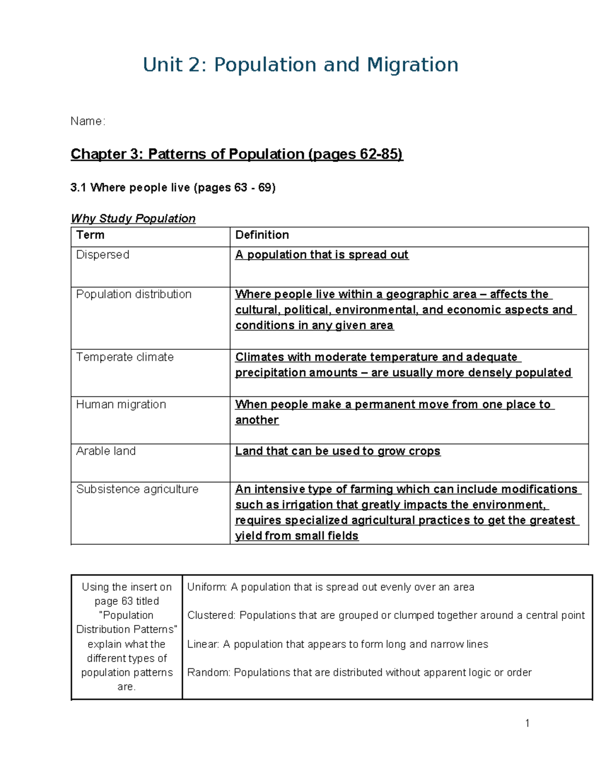 Unit 2 chapteres 3 4 and 5 homework - Name: Chapter 3: Patterns of ...