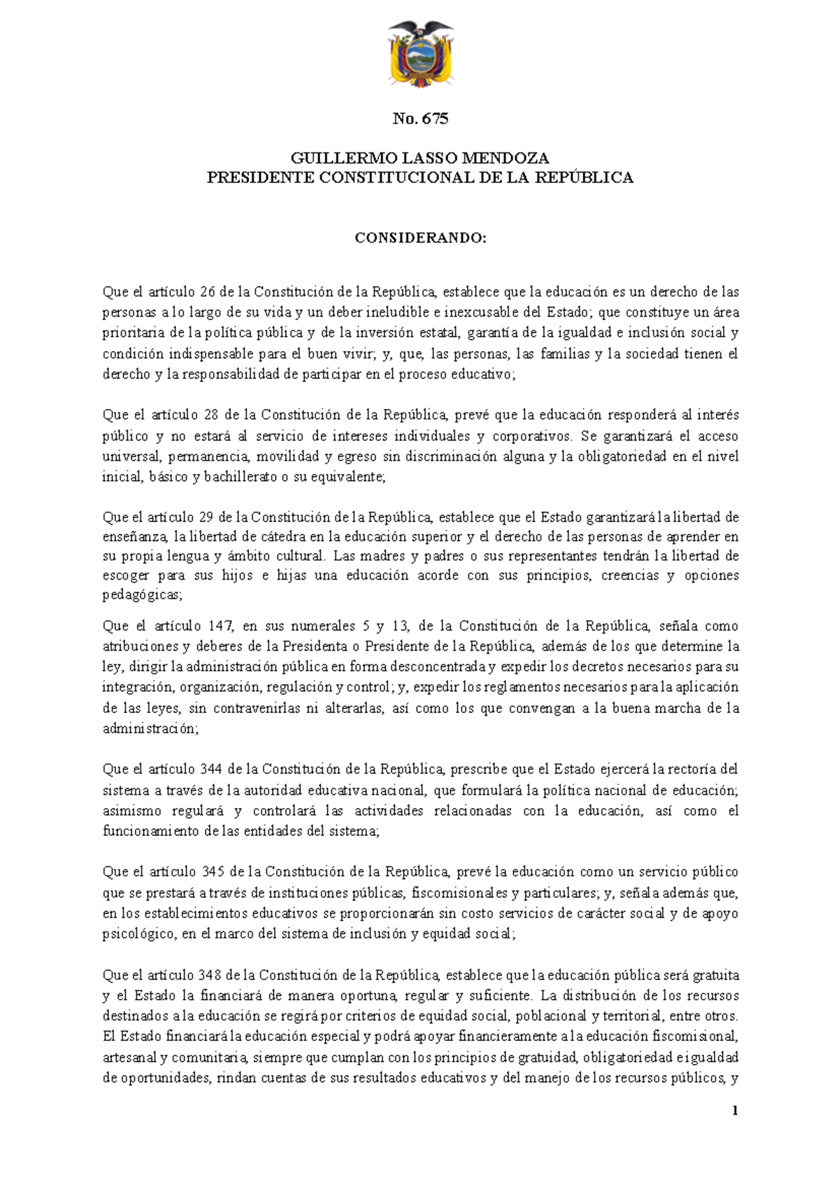 Reglamento LOEI 2023 - GUILLERMO LASSO MENDOZA PRESIDENTE CONSTITUCIONAL DE LA REPÚBLICA - Studocu