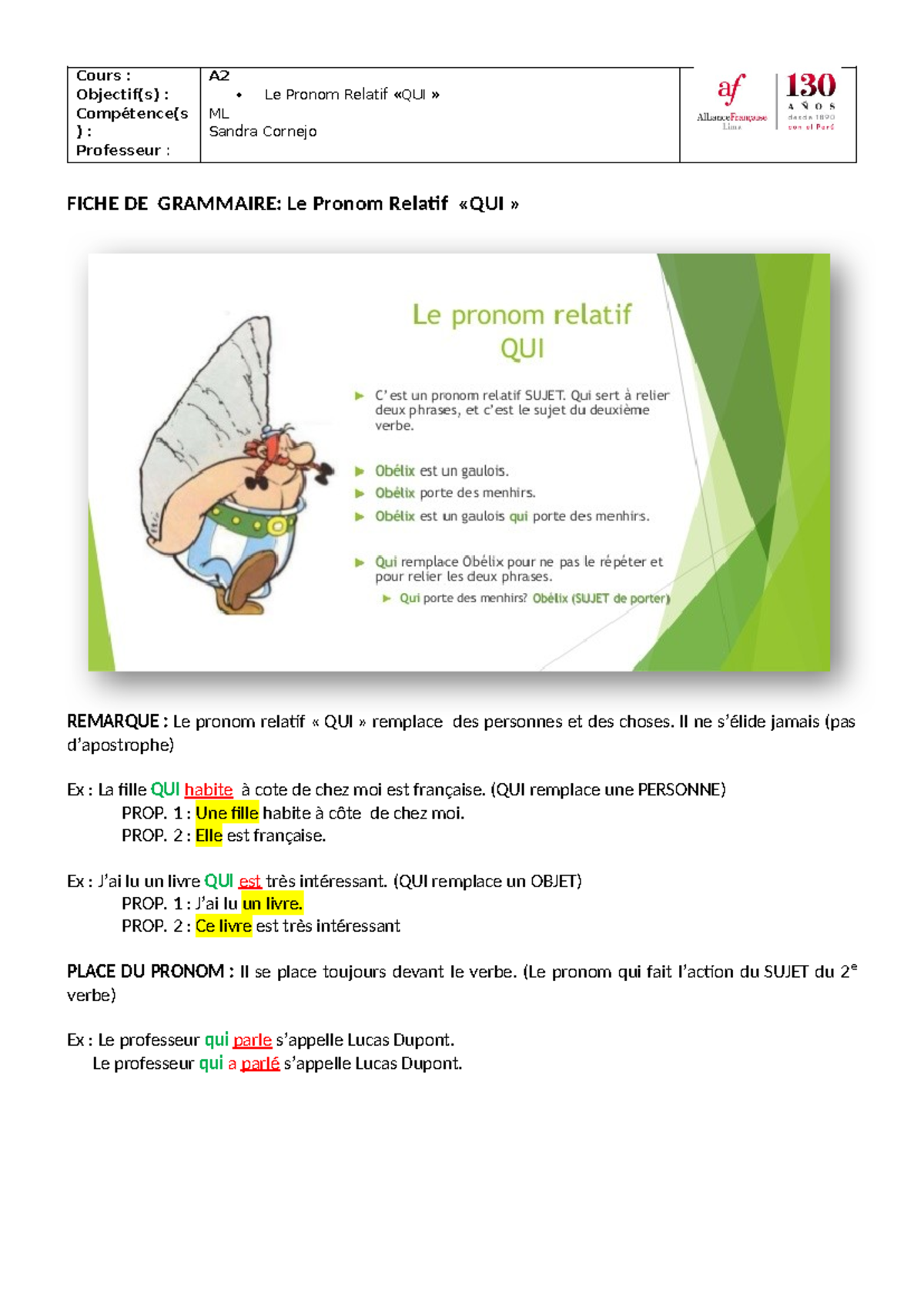A2 fiche de gramm - le pronom relatif qui - Cours : Objectif(s ...