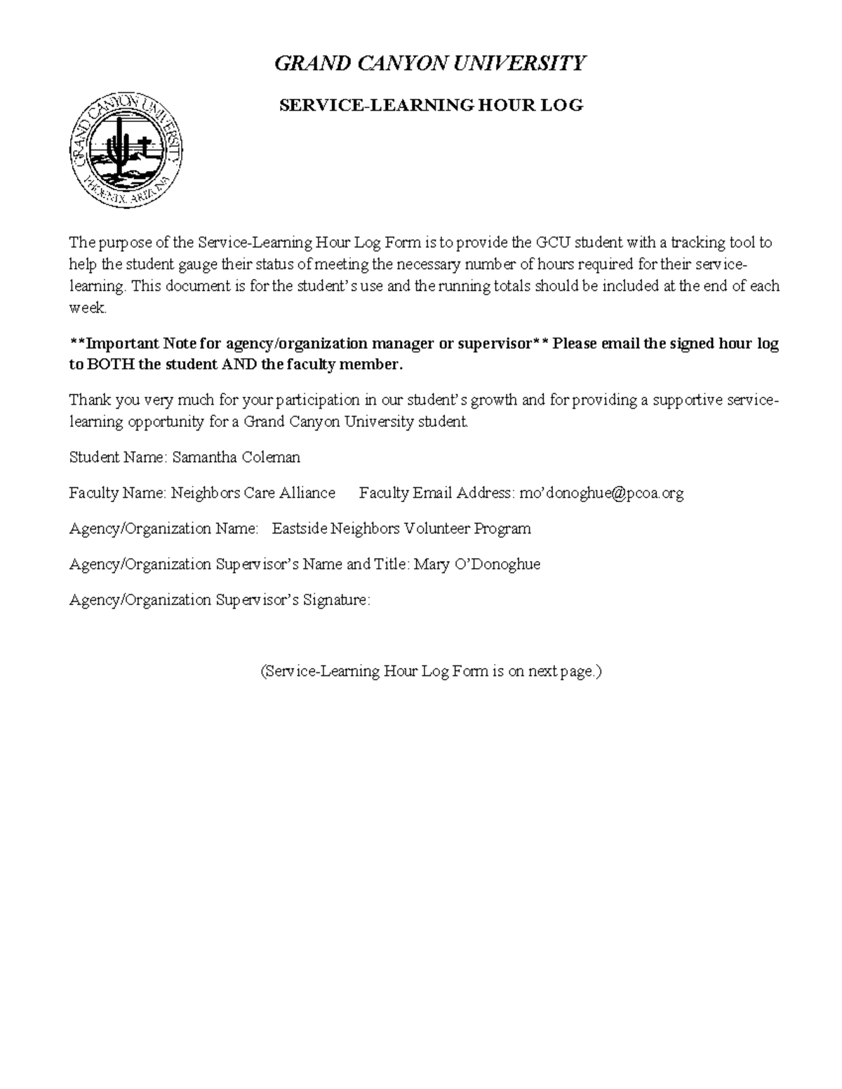 Service-Learning Hour Log - This document is for the student’s use and ...