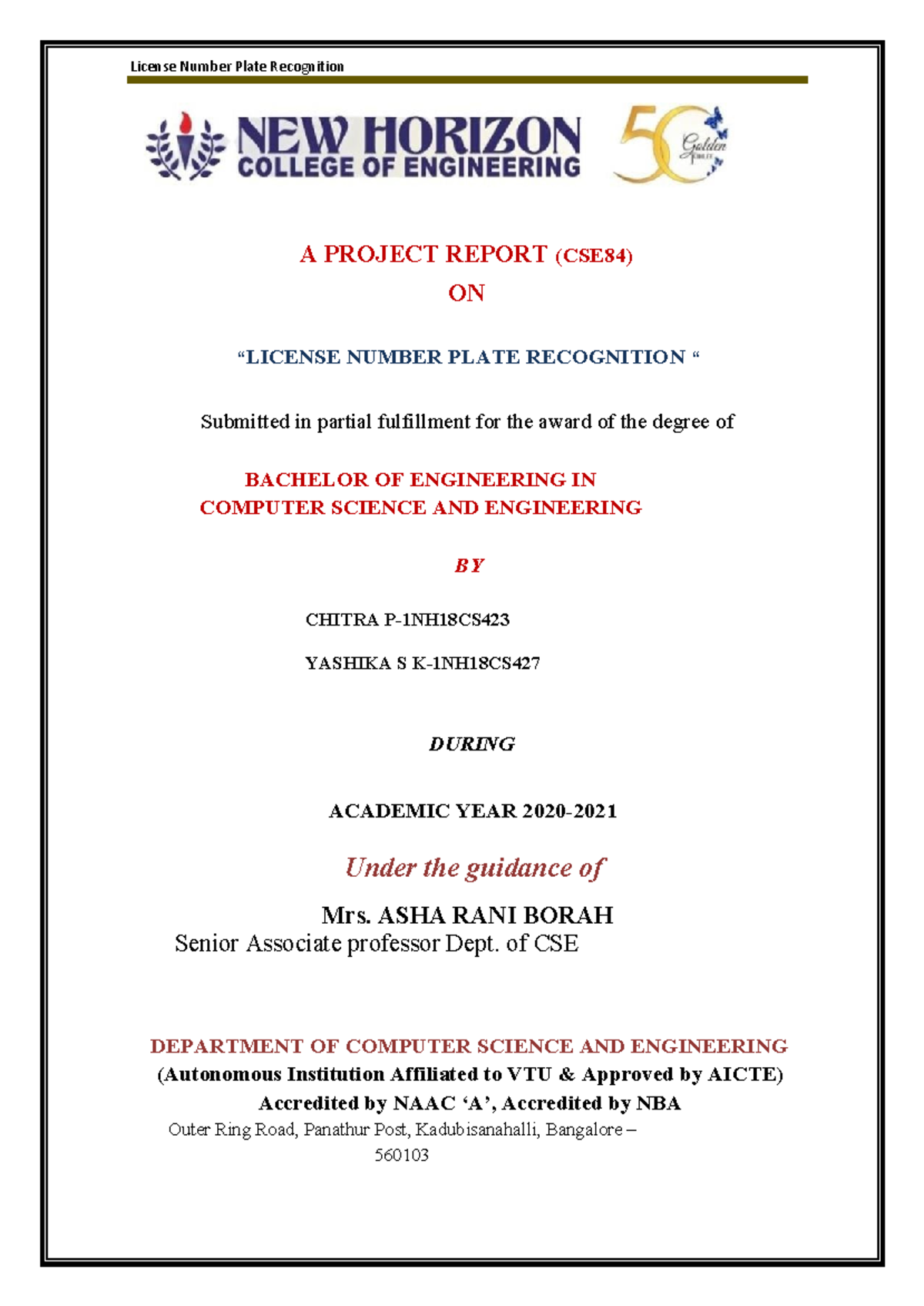 1NH18CS423 - Good - A PROJECT REPORT (CSE84) ON “LICENSE NUMBER PLATE RECOGNITION “ Submitted in ...