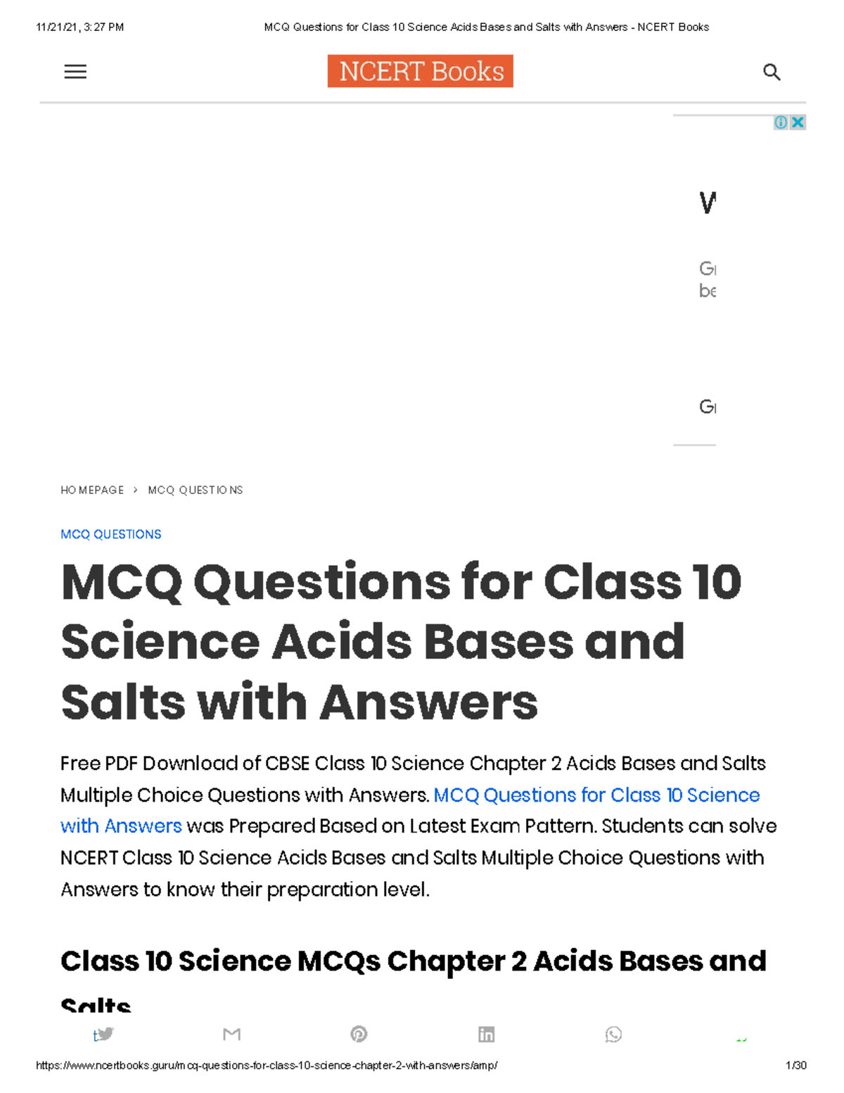 MCQ Questions for Class 10 Science Acids Bases and Salts with Answers ...