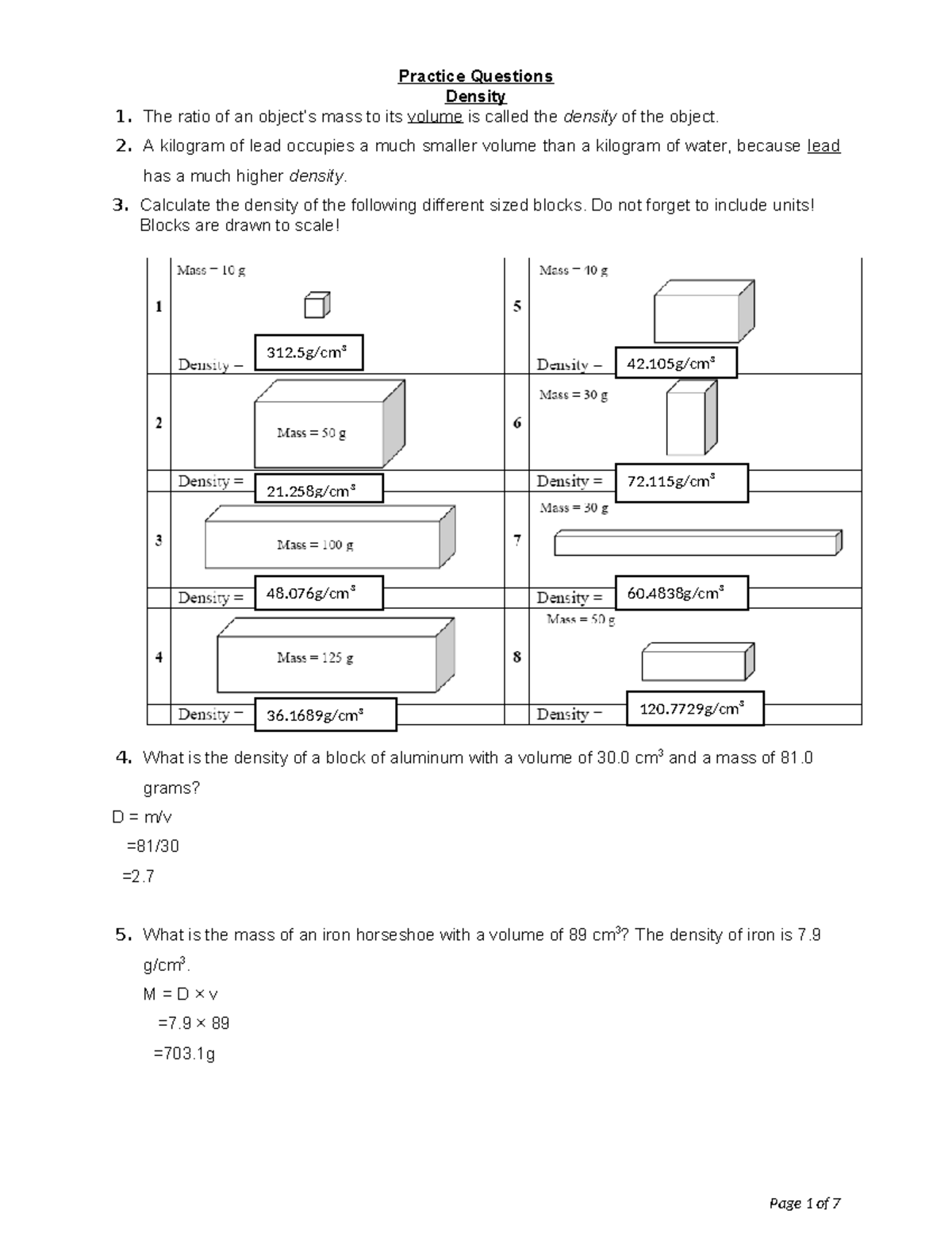 Density-worksheet-qs - Practice Questions Density 1. The ratio of an ...