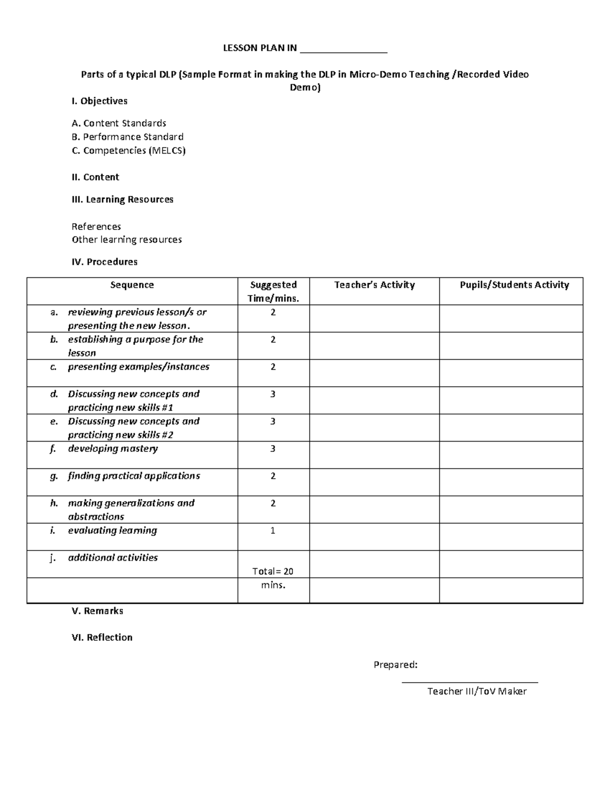 Lesson Plan OLGA JDS2 - LESSON PLAN IN ________________ Parts of a typical DLP (Sample Format in ...