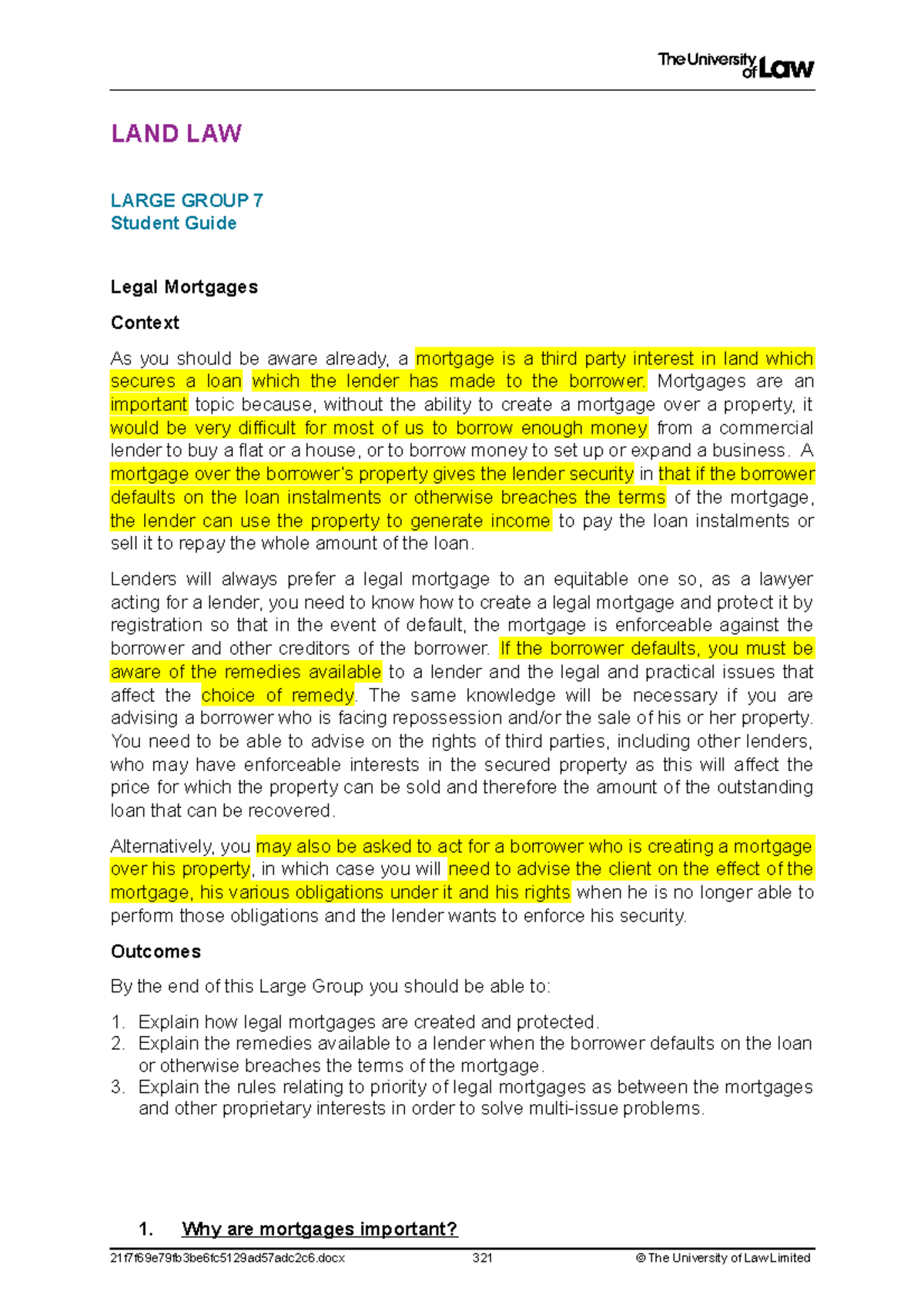 Land LG7 - mortage - land lg7 - LAND LAW LARGE GROUP 7 Student Guide ...