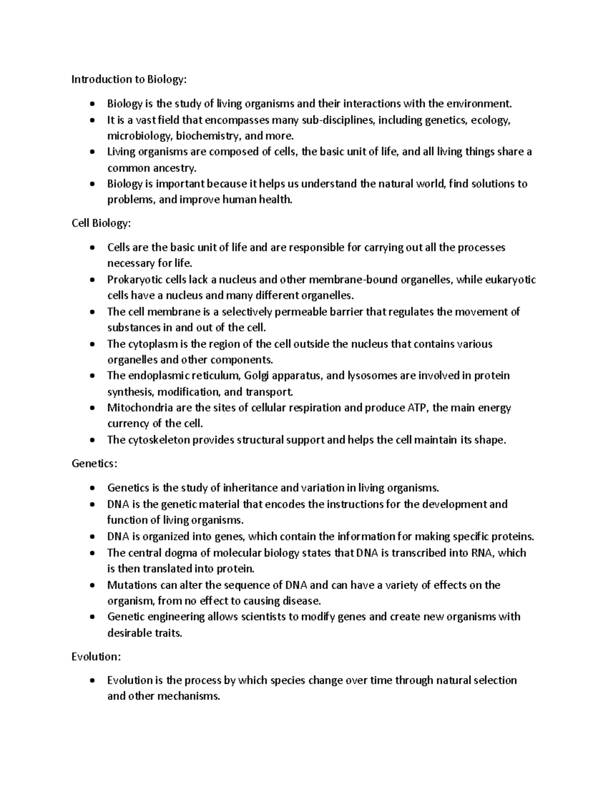 Bio - Bio - Introduction to Biology: Biology is the study of living ...