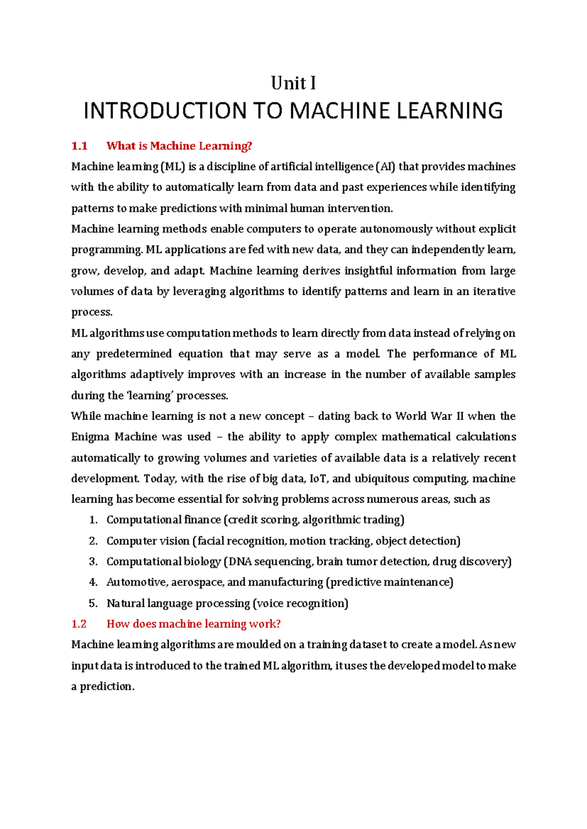 Ml Unit 01 All The Best Unit I Introduction To Machine Learning 1 What Is Machine Learning