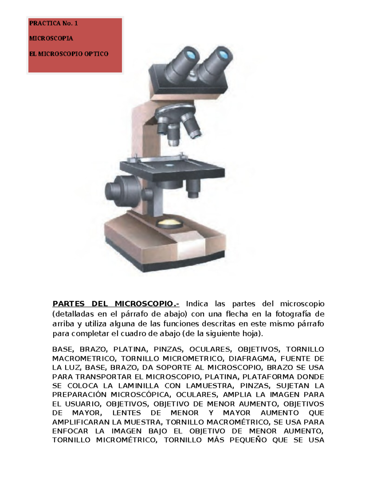 Tarea 0.1. Microscopia - PARTES DEL MICROSCOPIO.- Indica las partes del ...