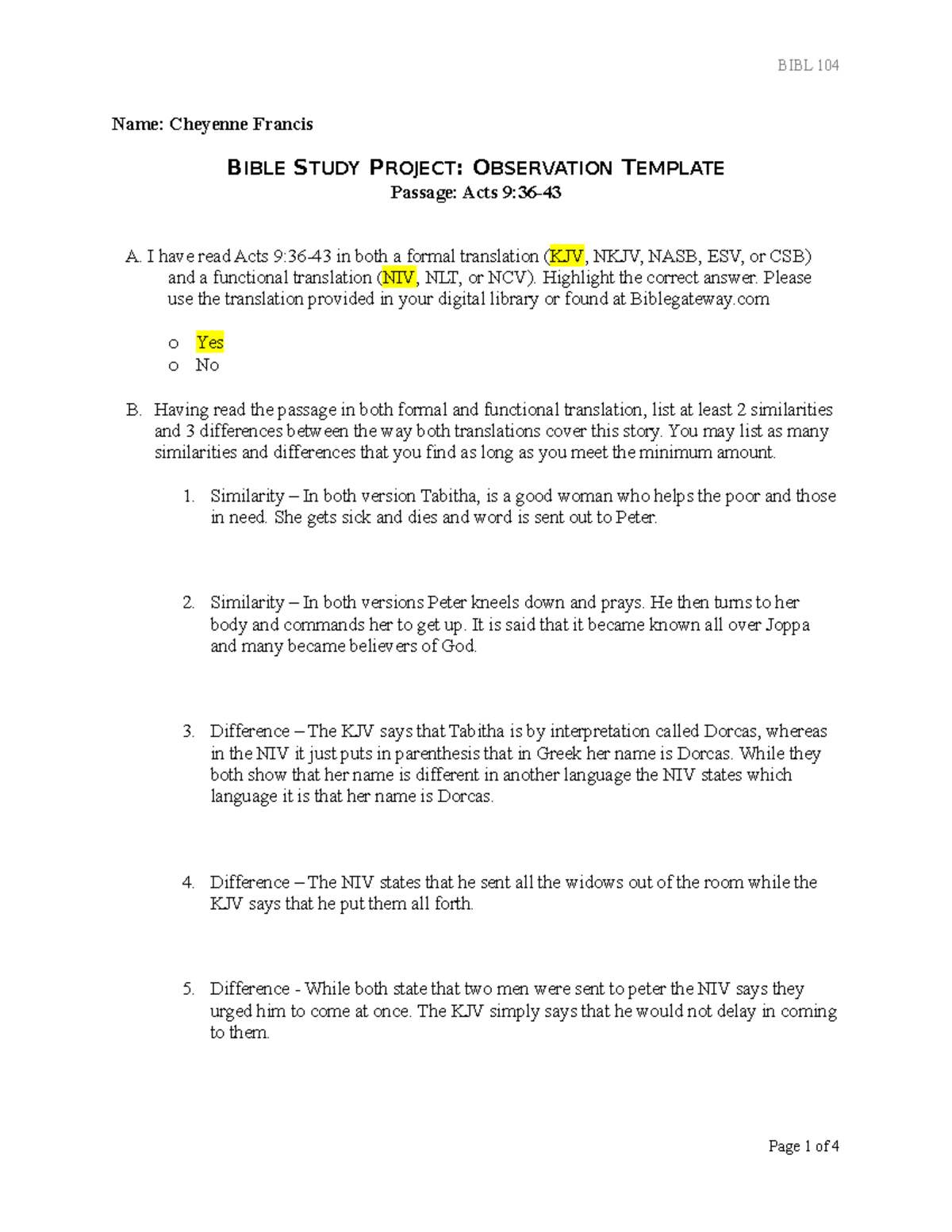 Bible Study Project Observation Template - Name: Cheyenne Francis BIBLE ...