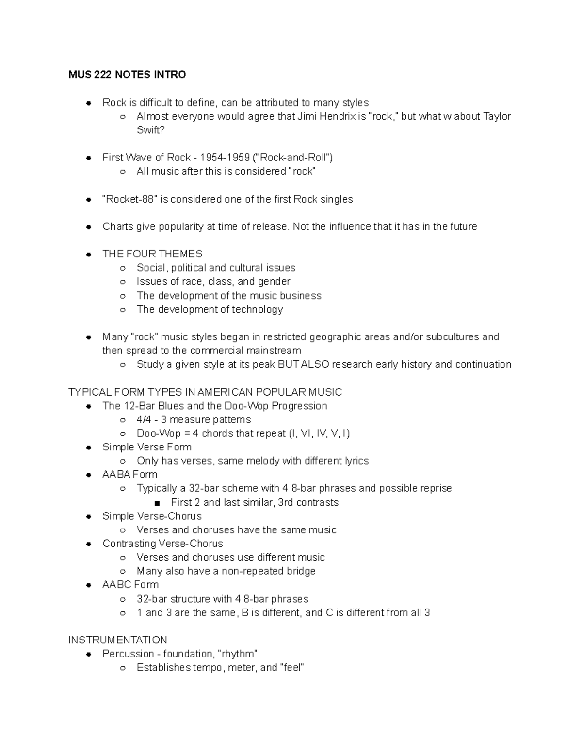 MUS 222 Notes Intro - MUS 222 NOTES INTRO Rock is difficult to define ...