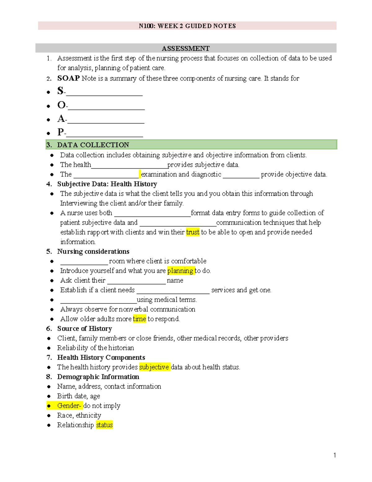 N100 Week 2 Guide Notes (2) - ASSESSMENT Assessment is the first step ...