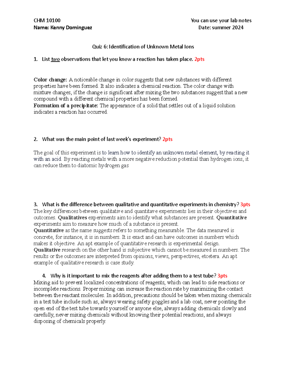 Quiz 6 - Cation ID Summer 2024 - CHM 10100 You can use your lab notes ...