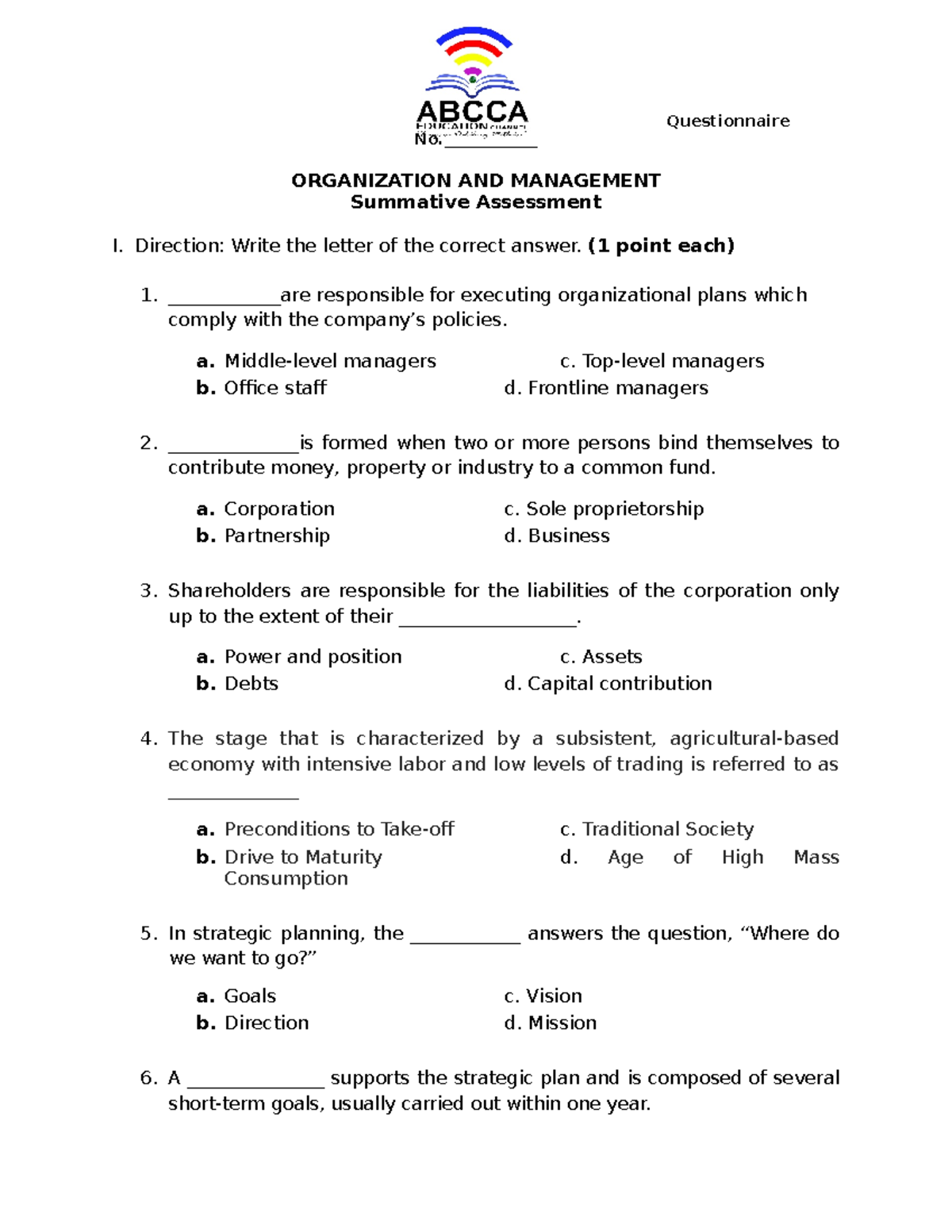 OM - PRACTICE TEST FOR EXAM - Questionnaire No ...