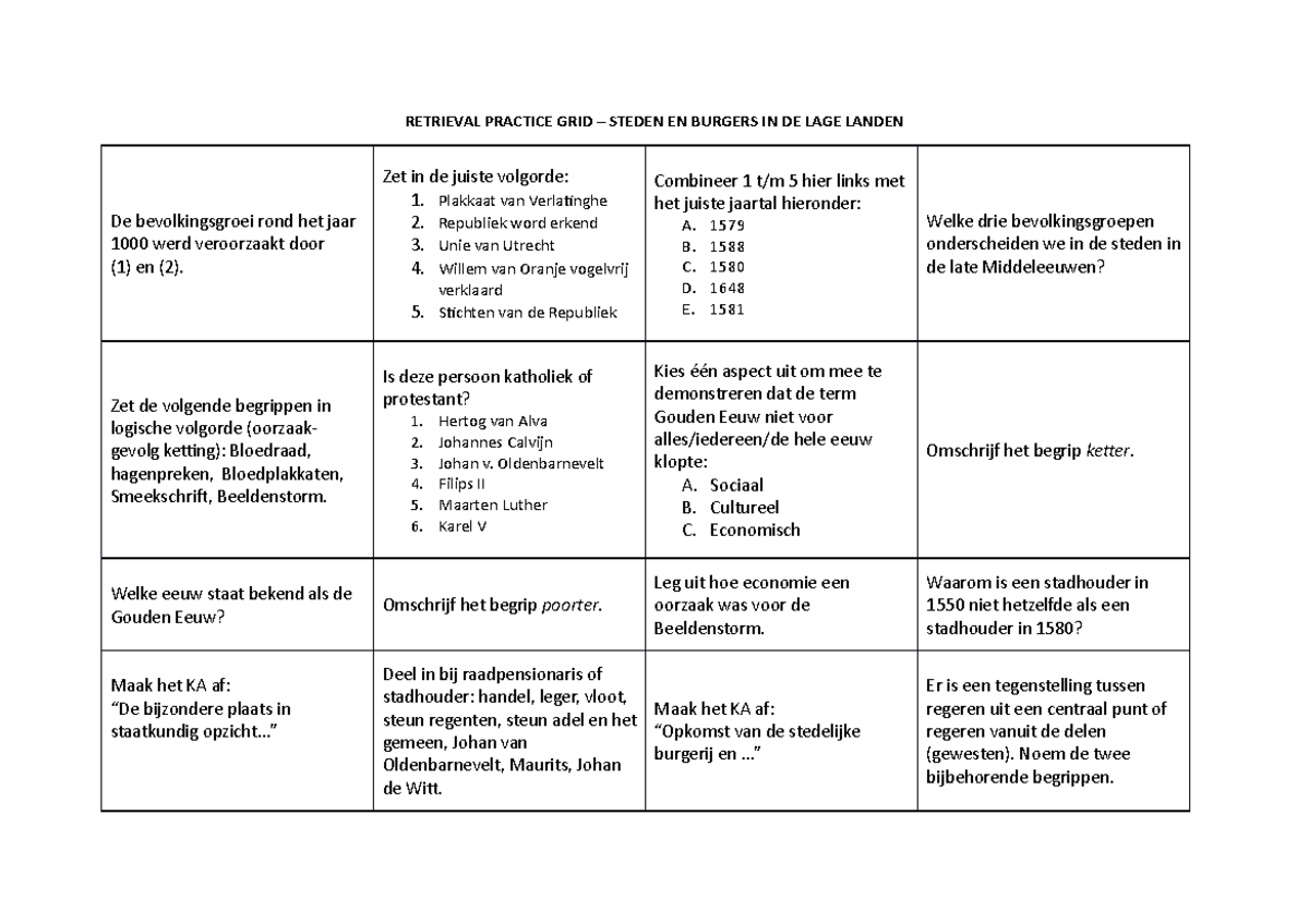 Retrieval practice grid - einde HC - RETRIEVAL PRACTICE GRID – STEDEN ...