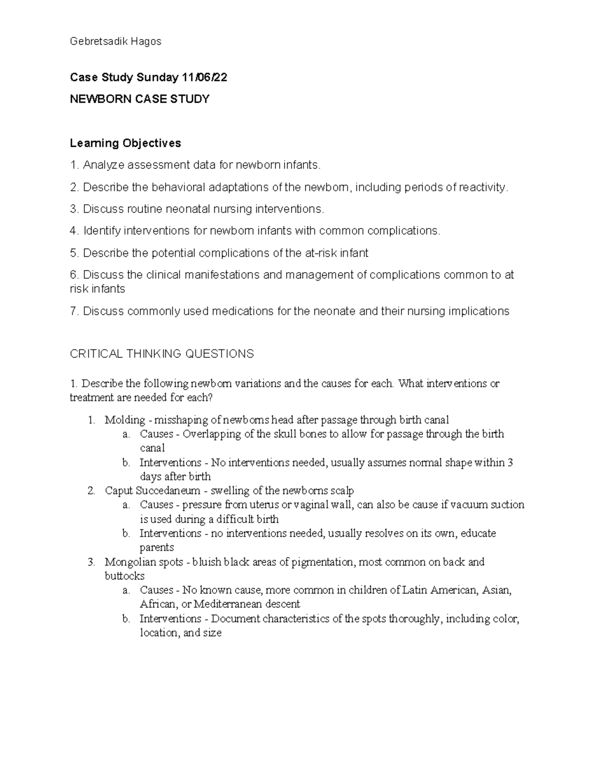 Case Study Sunday 11-06-22 - Case Study Sunday 11/06/ NEWBORN CASE ...