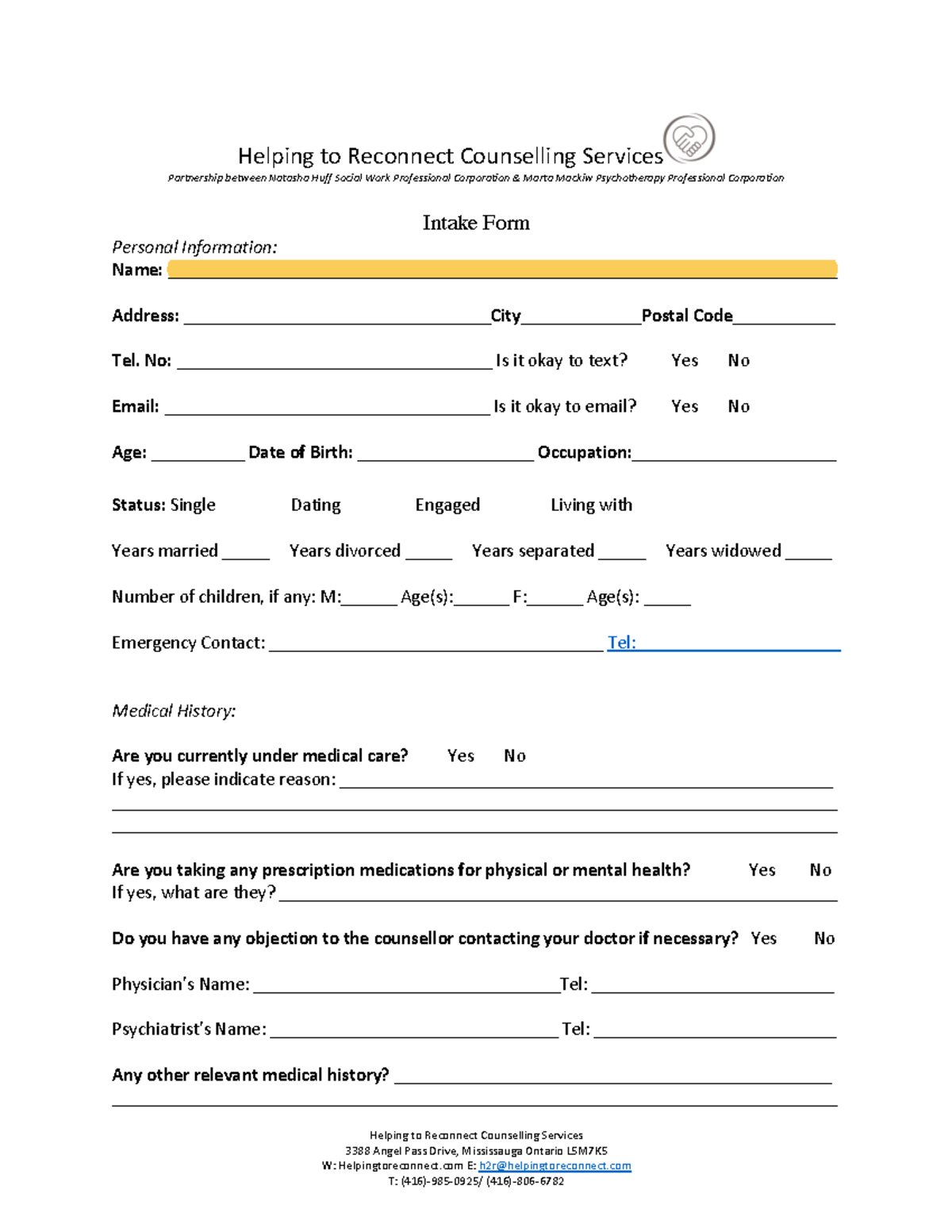 Intake Form - Helping to Reconnect Counselling Services 3388 Angel Pass ...