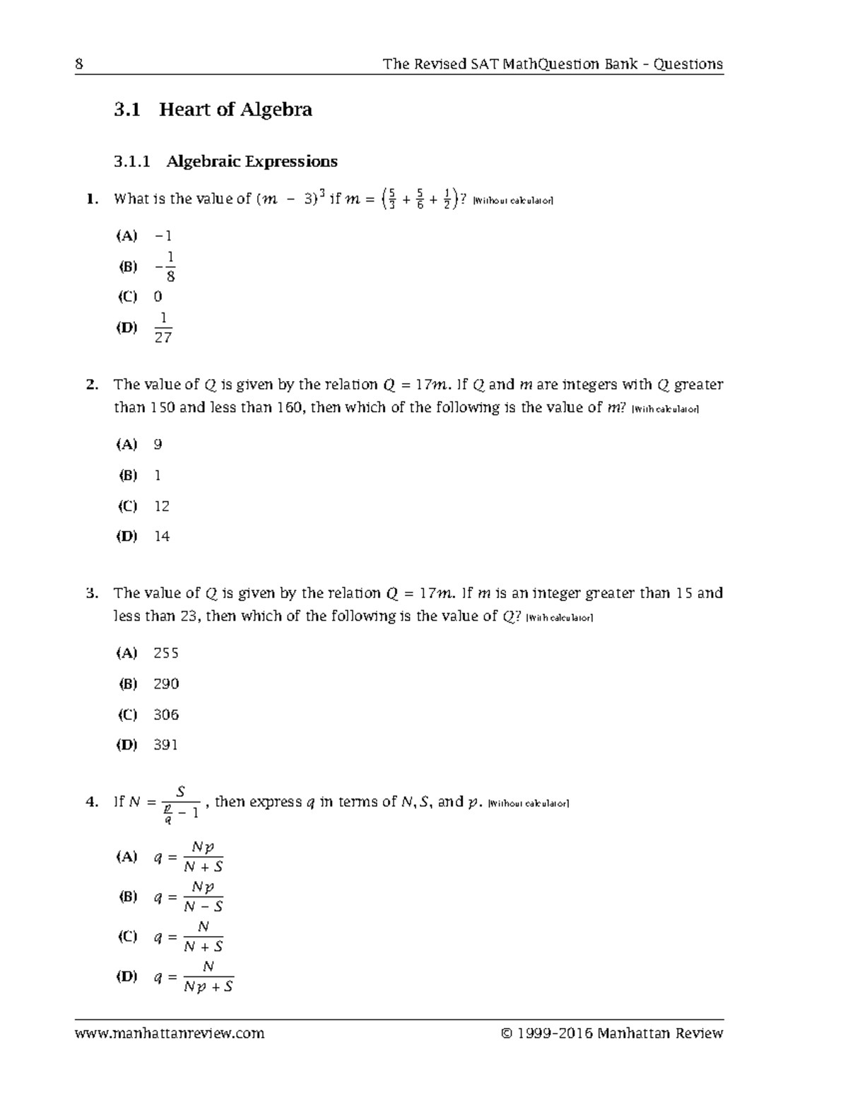 Sat math practice (Manhattan) - 3 Heart of Algebra 3.1 Algebraic ...