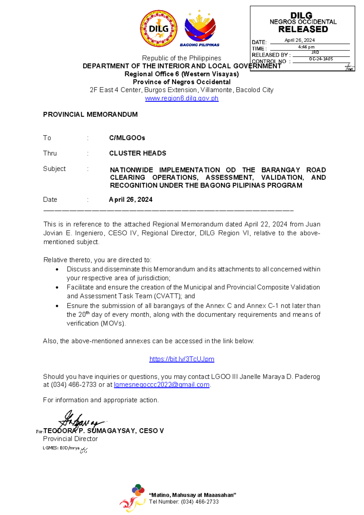 Road-Clearing - “Matino, Mahusay at Maaasahan” Tel Number: (034) 466 ...