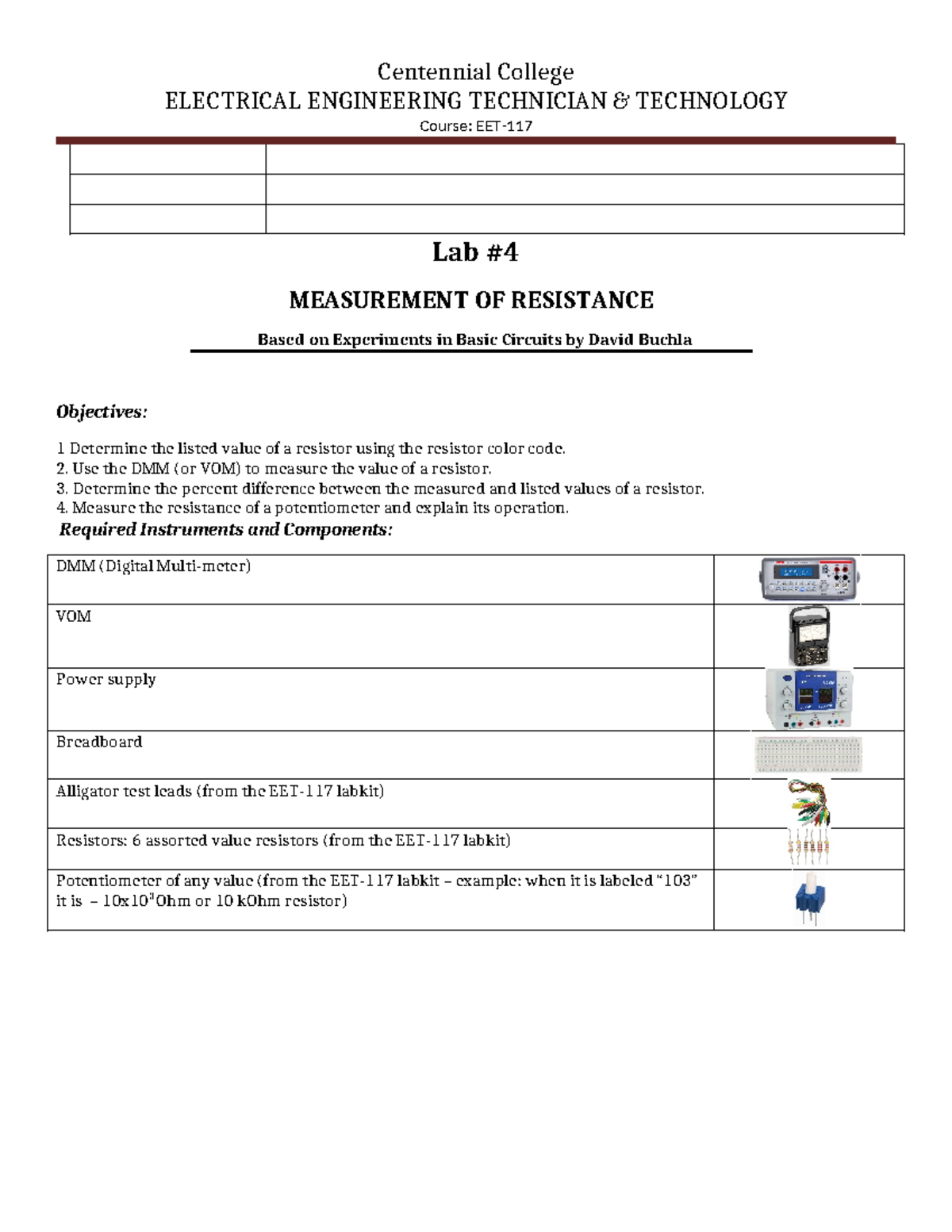 EET-117 LAB 4 - lab - Centennial College ELECTRICAL ENGINEERING TECHNICIAN & TECHNOLOGY Course ...