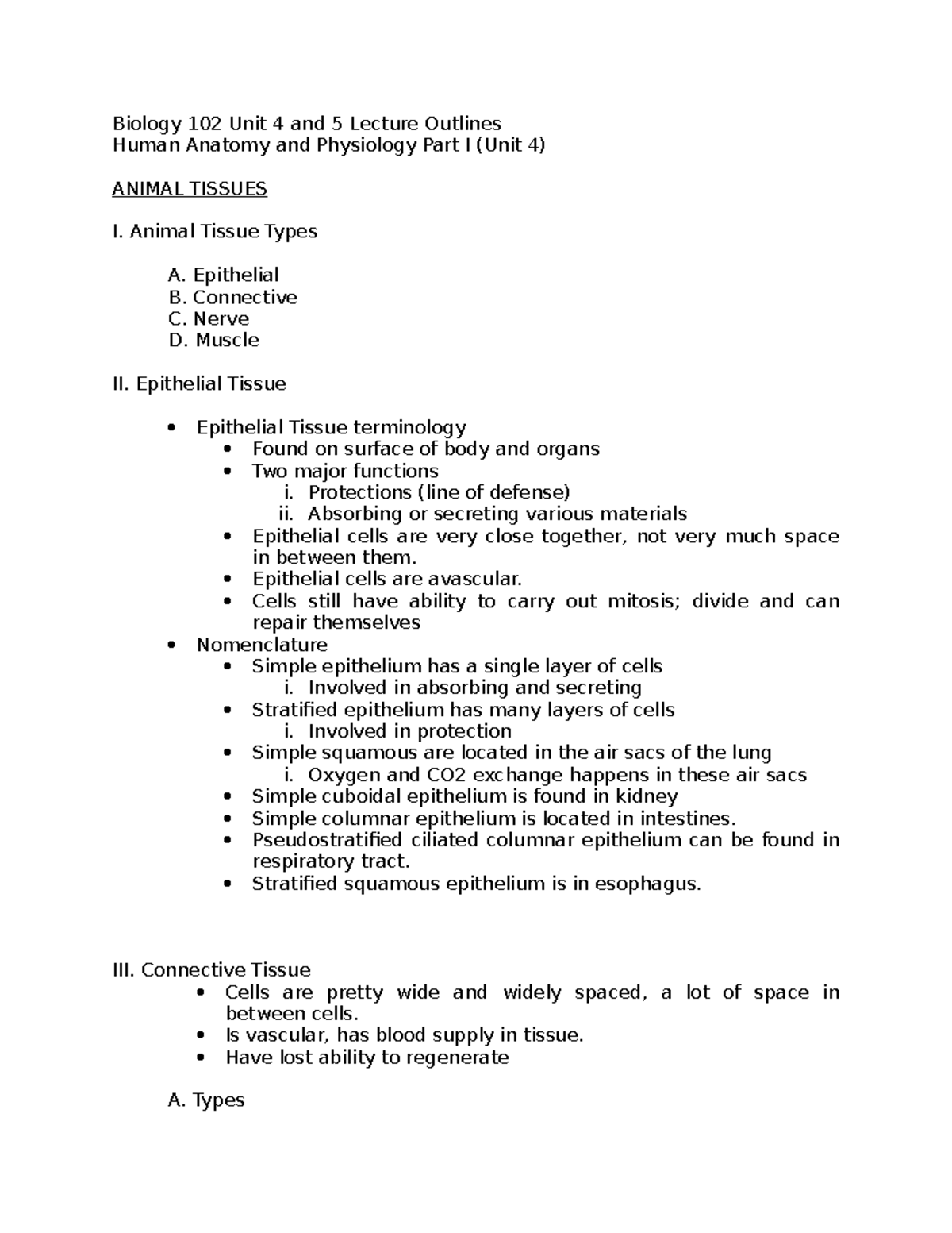 Biology 102 Unit 4 and 5 Lecture Outline Human Anatomy and Physiology ...