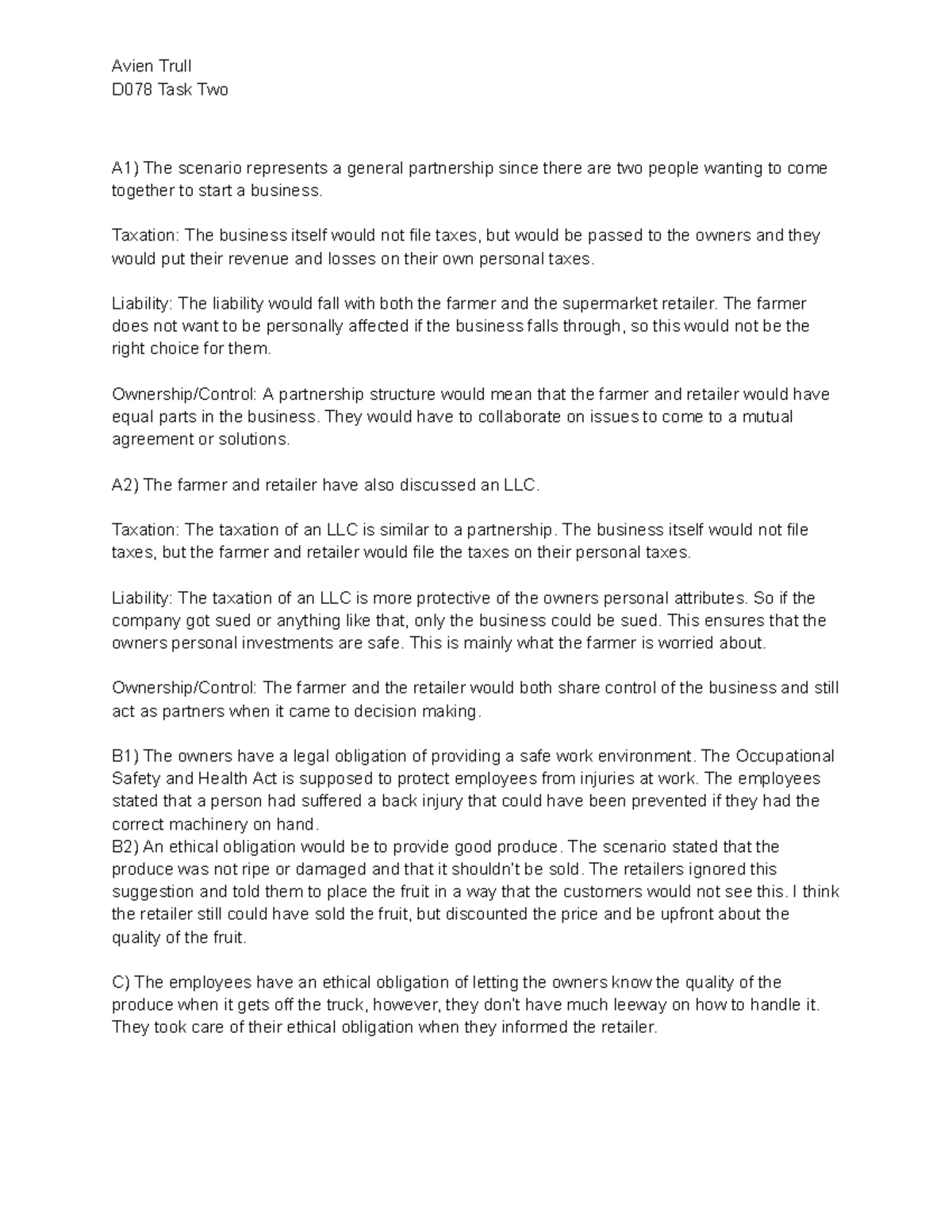 D078 Task Two-1 - Passed 1st try - Avien Trull D078 Task Two A1) The scenario represents a ...