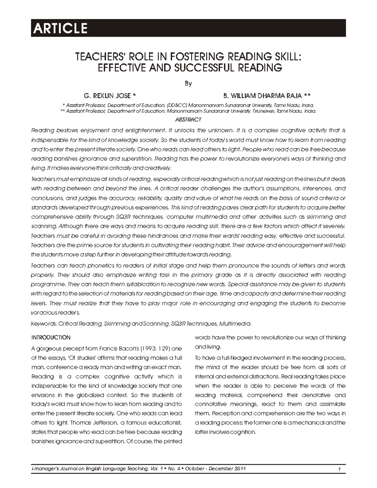 Article 3 - TEACHERS' ROLE IN FOSTERING READING SKILL: EFFECTIVE AND ...