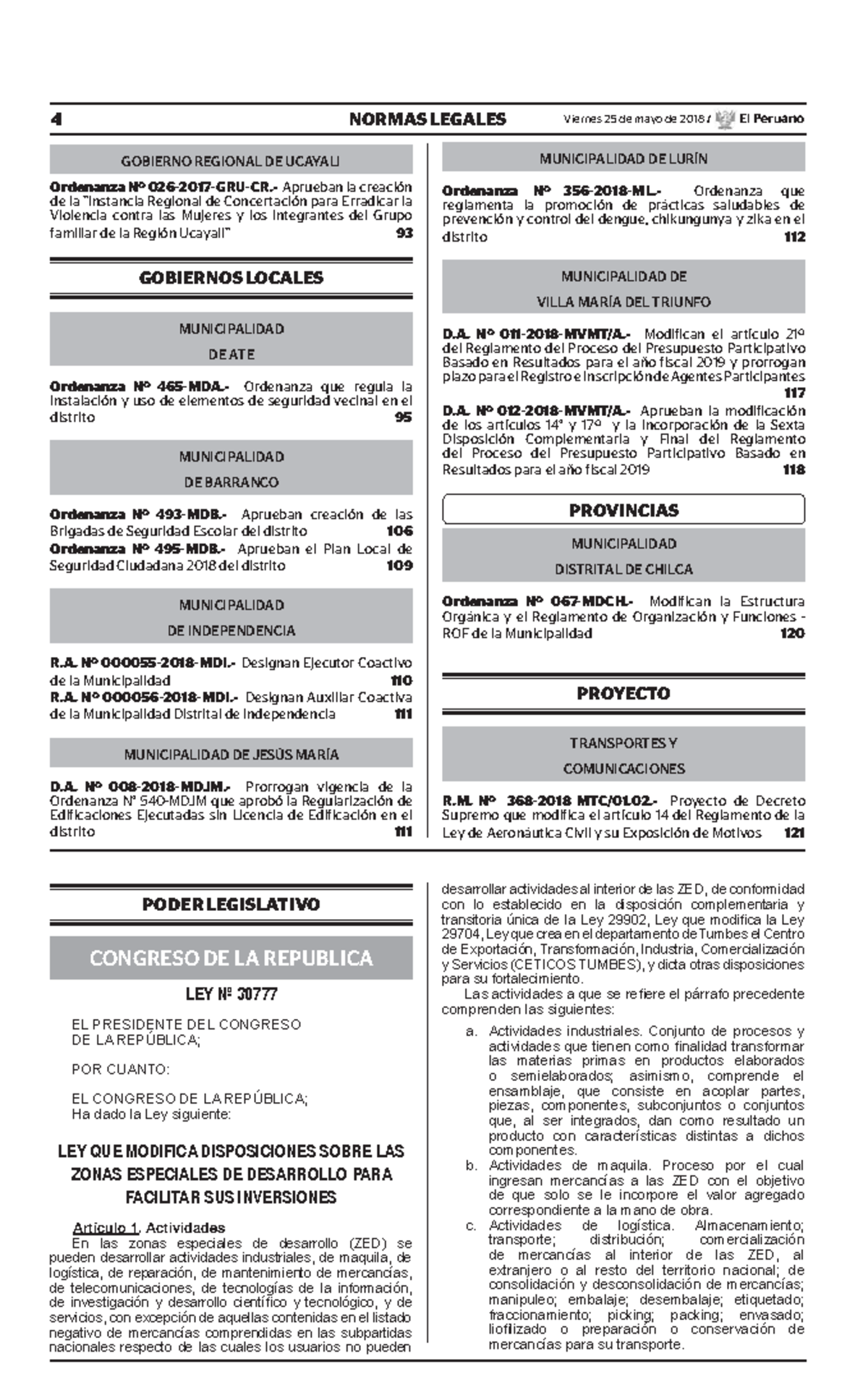 Ley 30777 - 4444444444444 - 4 NORMAS LEGALES Viernes 25 de mayo de 2018 ...