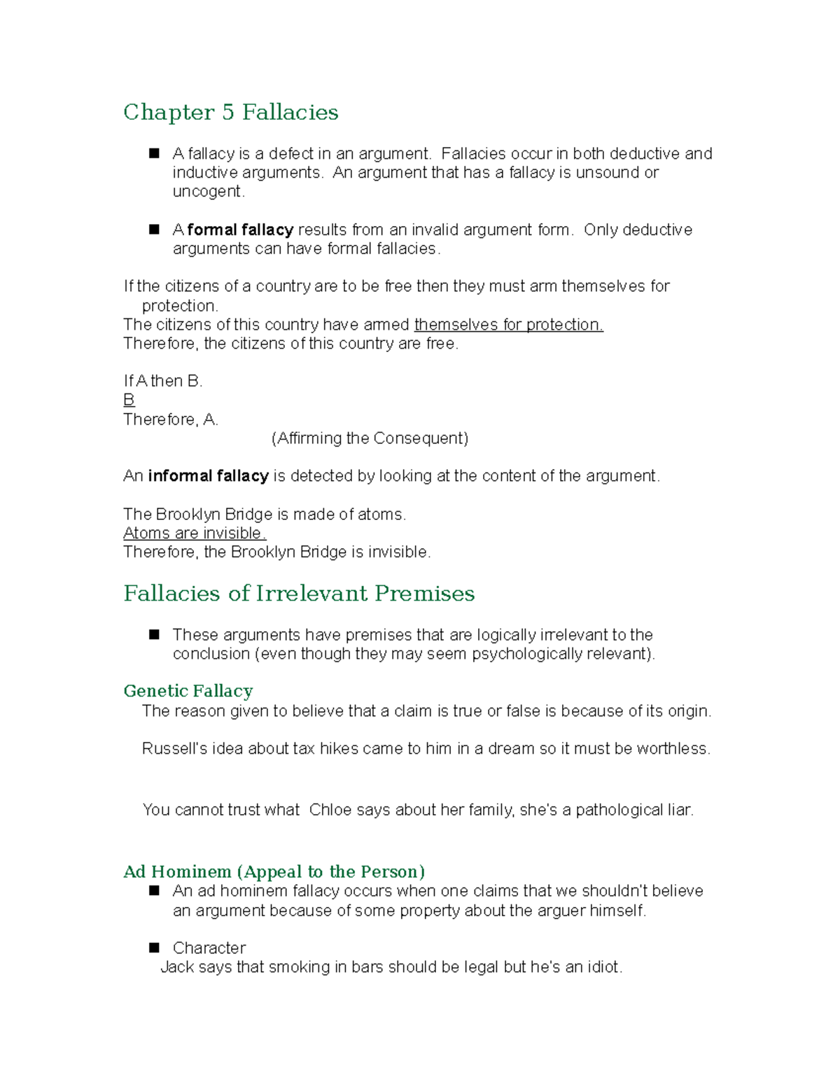 Chapter 5 Fallacies - Lecture notes 4 - Chapter 5 Fallacies A fallacy ...