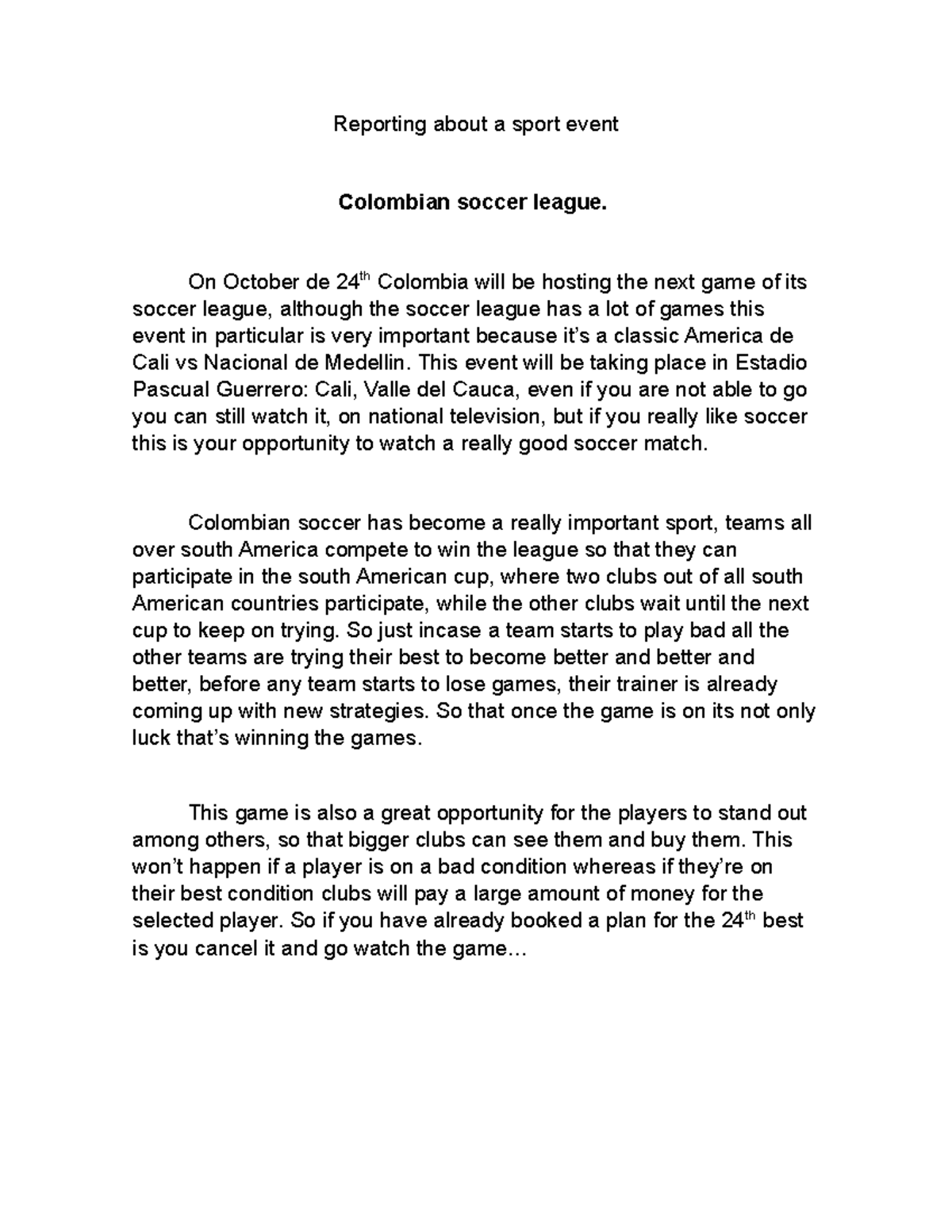 Reporting about a sport event HOME WORK - English dot works 7 - SENA ...