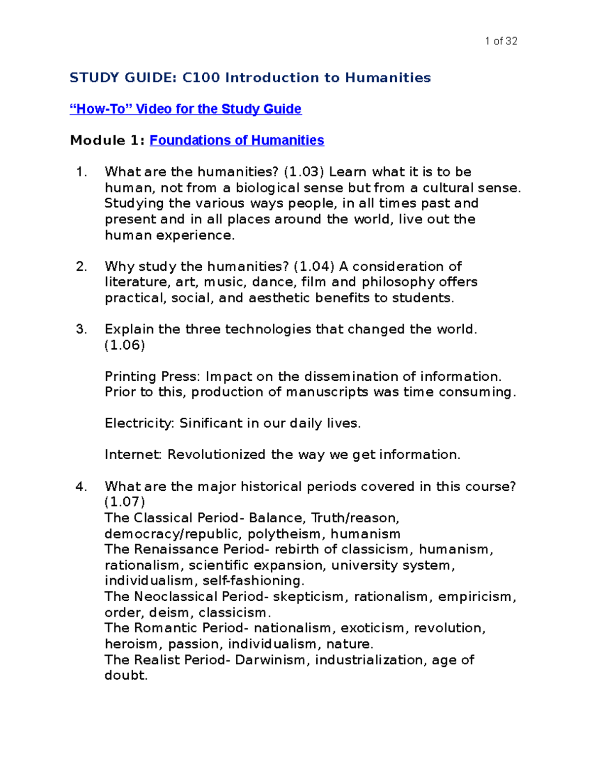 C100 study guide outline (1) - STUDY GUIDE: C100 Introduction to ...