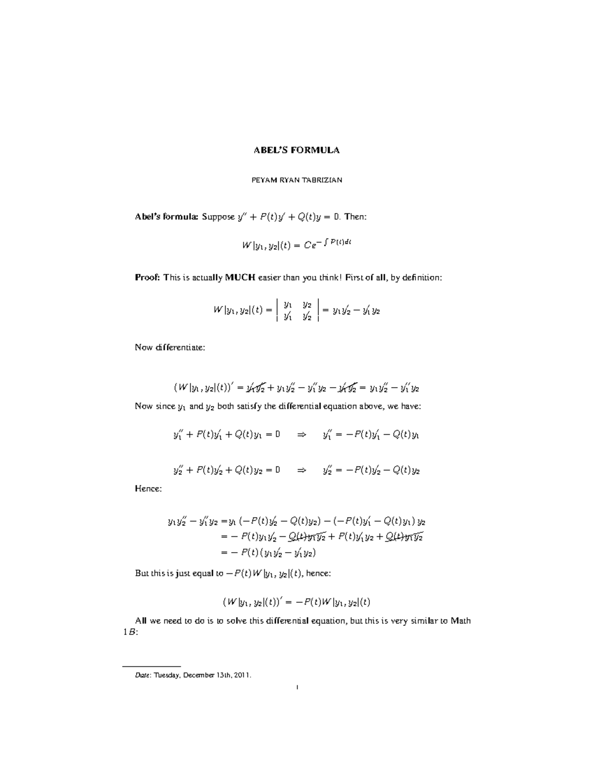 Abel's Formula - ABEL’S FORMULA PEYAM RYAN TABRIZIAN Abel’s formula ...