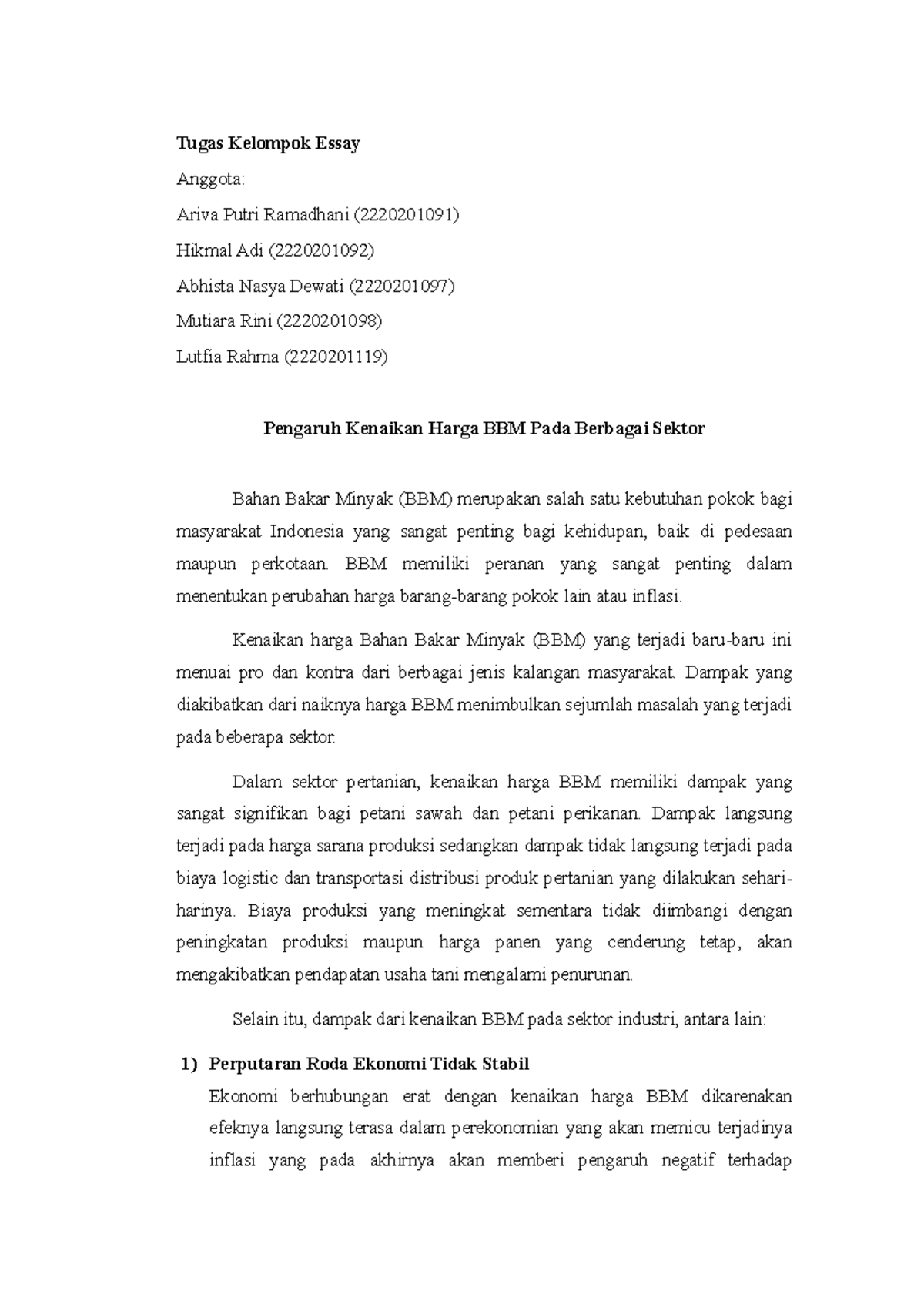 Pengaruh Kenaikan Harga BBM - Tugas Kelompok Essay Anggota: Ariva Putri ...