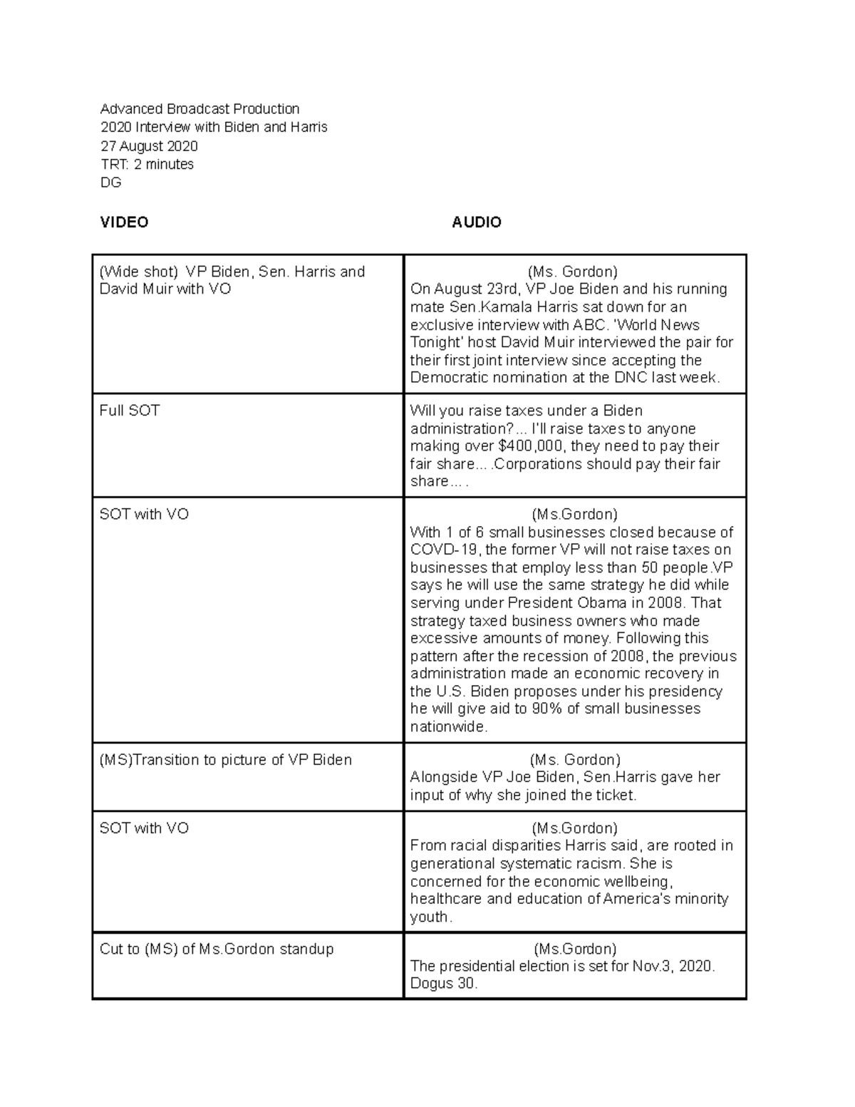 2020 abc script adv - Advanced Broadcast Production 2020 Interview with ...
