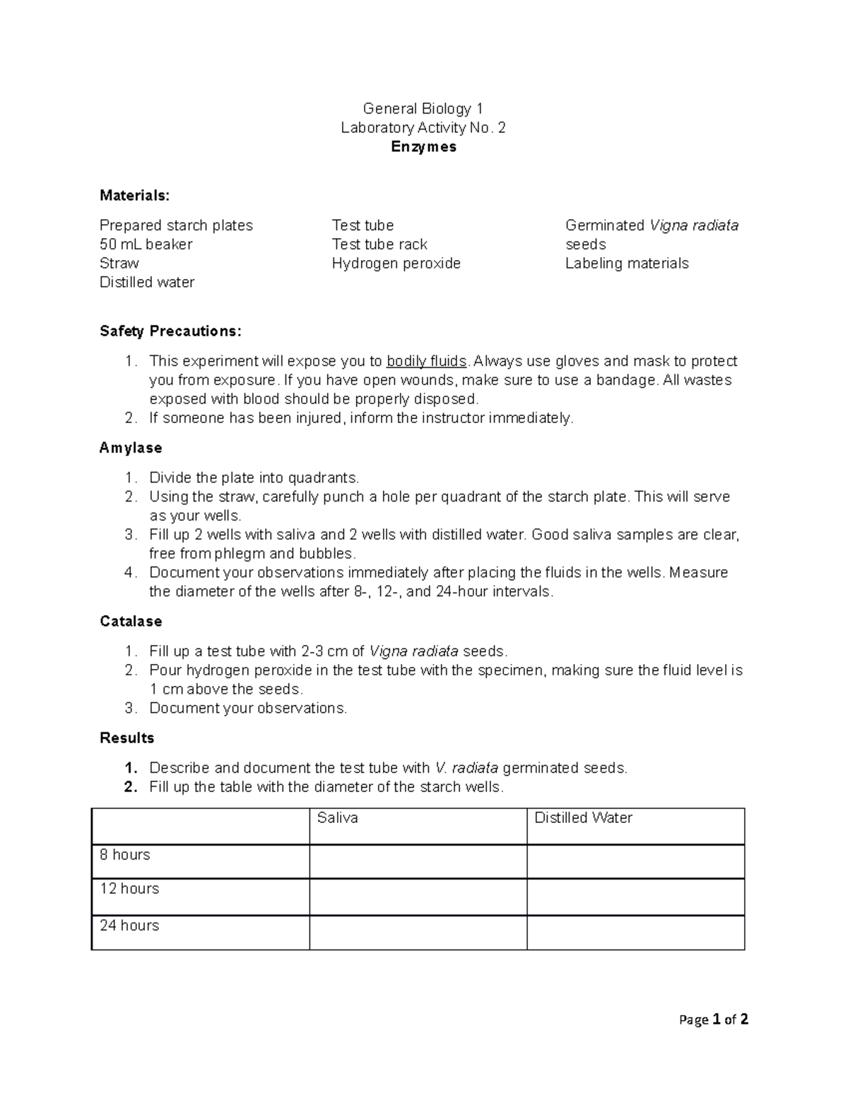 Lab02 (Enzymes) - General Biology 1 Laboratory Activity No. 2 Enzymes ...