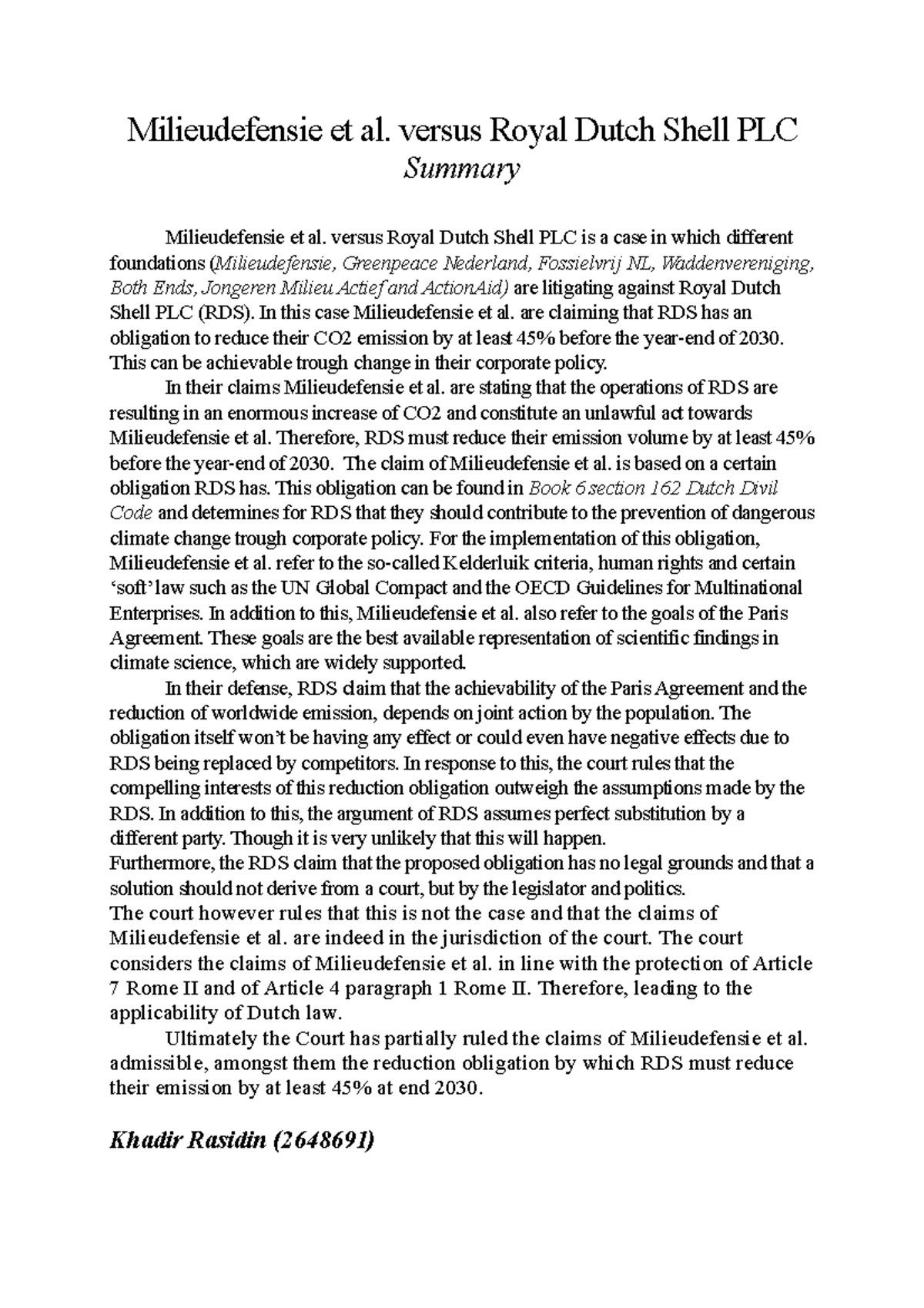 Milieudefensie et al - versus Royal Dutch Shell PLC Summary ...