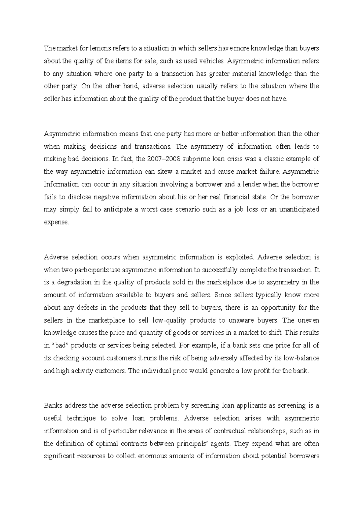 The Market for Lemon - The market for lemons refers to a situation in ...