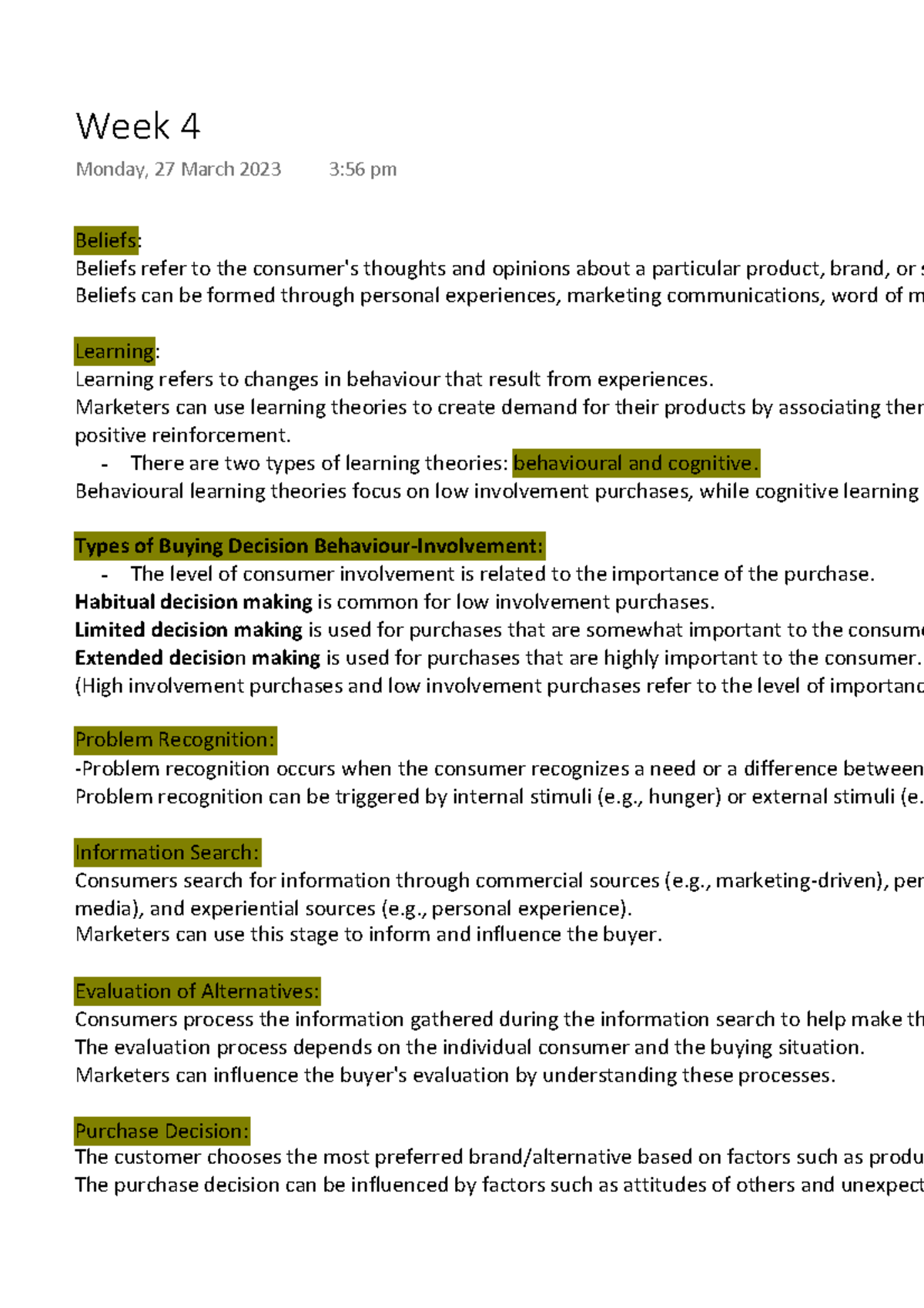 Week 4 notes MKC1200 - Beliefs: Beliefs refer to the consumer's ...