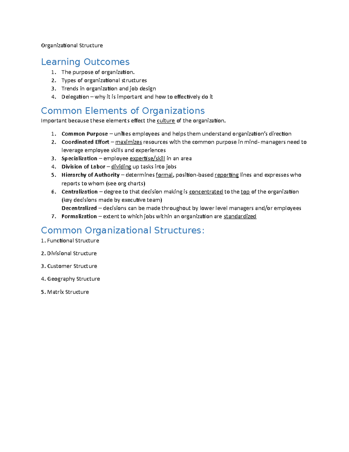 Organizational Structure Student Notes - ####### Organizational ...