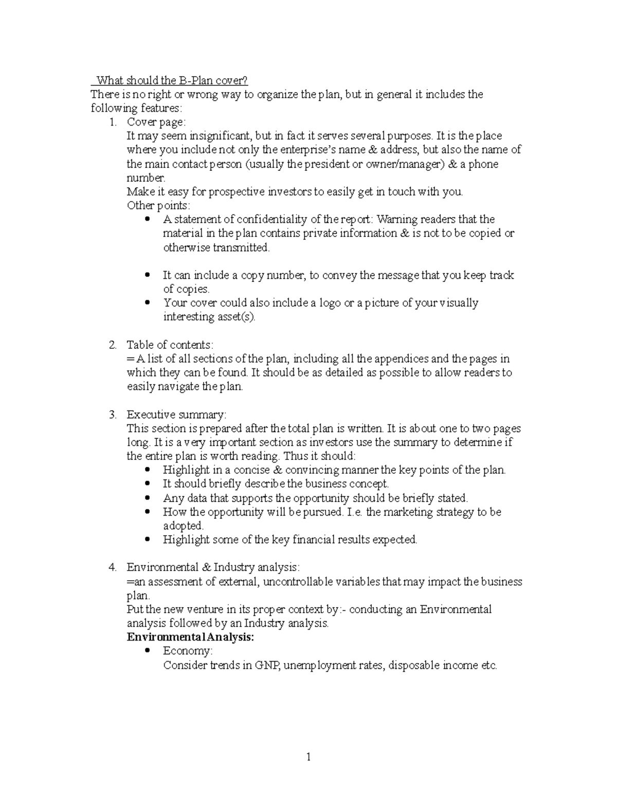 Business Plan Contents hand-out - What should the B-Plan cover? There ...