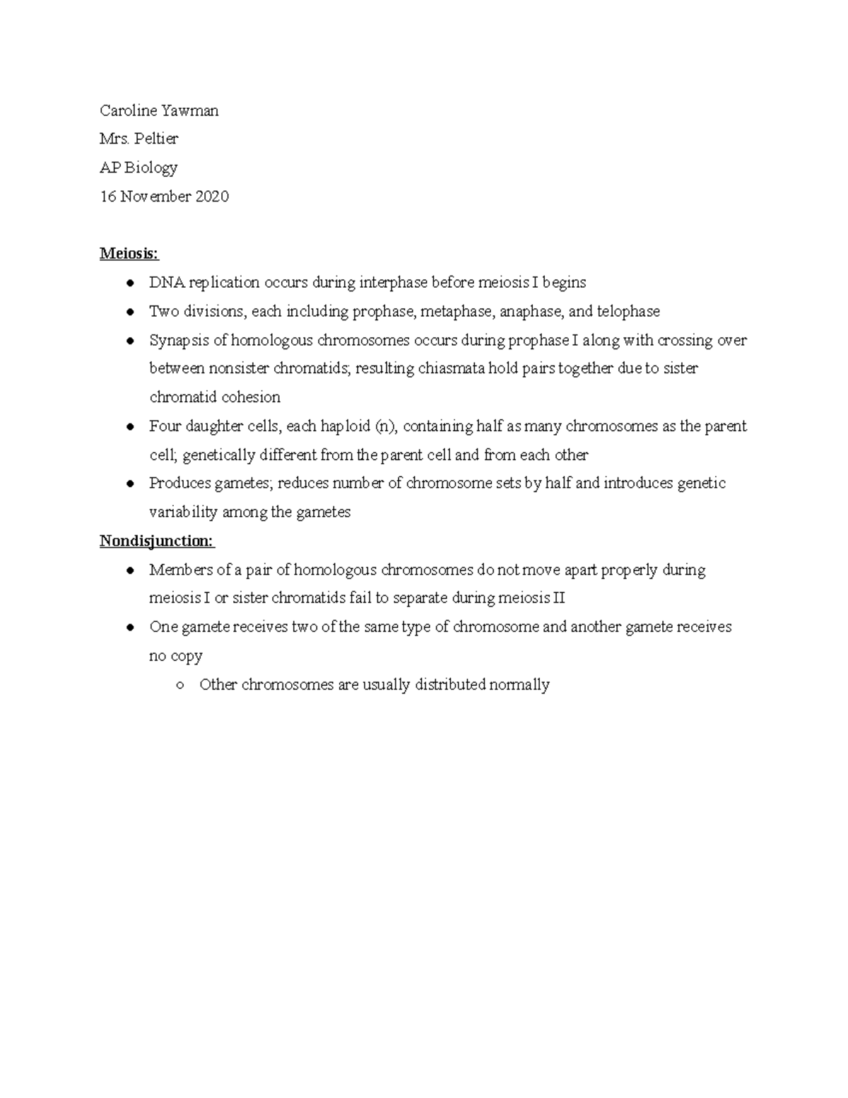 Meiosis and Nondisjunction Notes - Caroline Yawman Mrs. Peltier AP ...