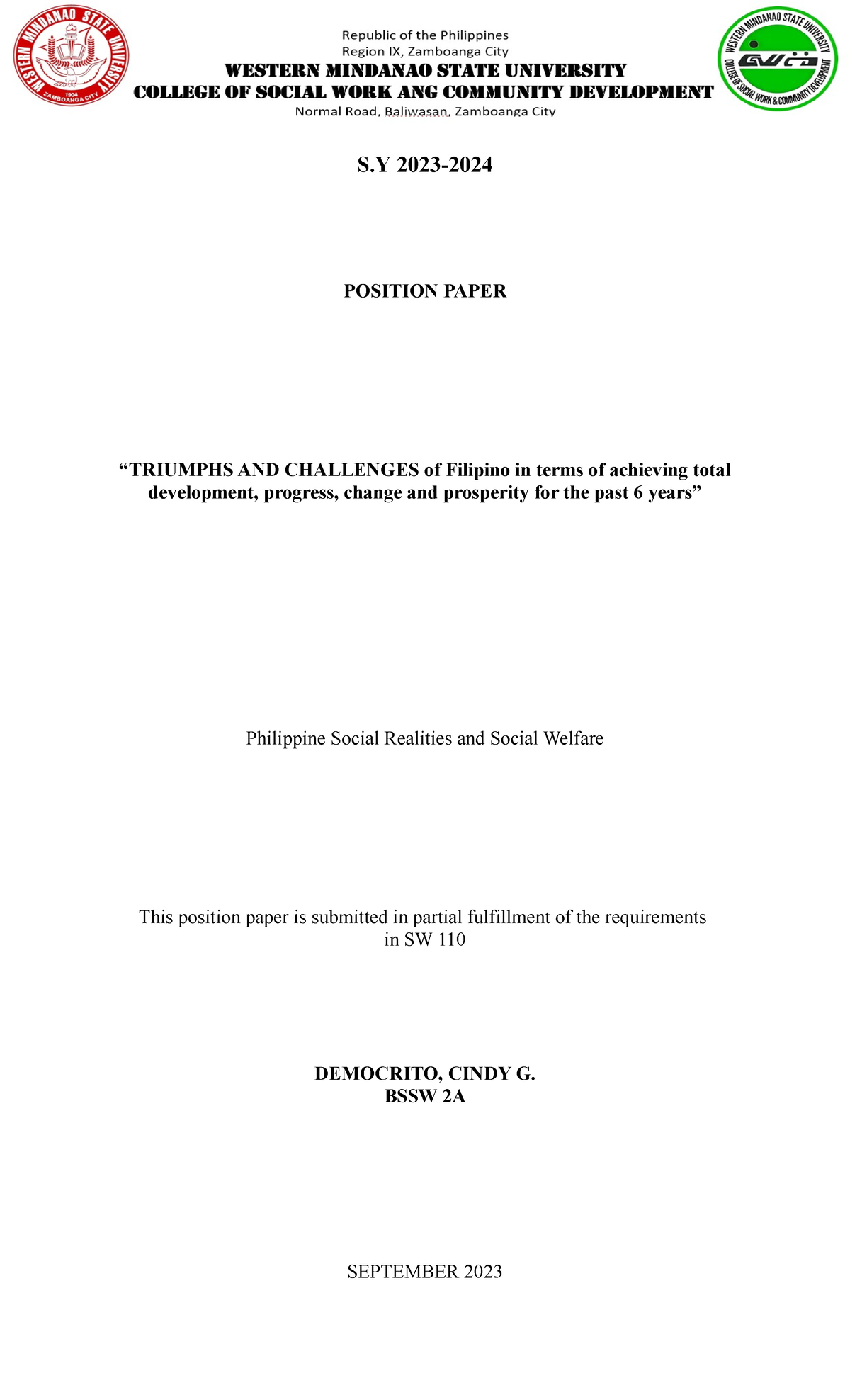 Triumphs and challenges - S 2023- POSITION PAPER “TRIUMPHS AND ...