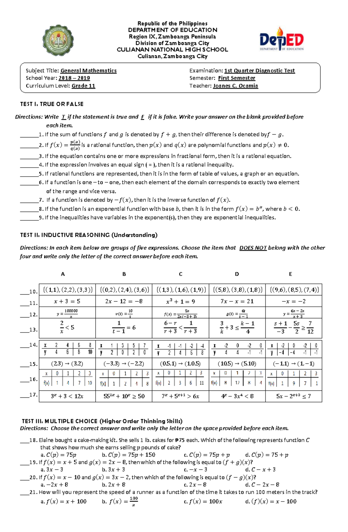 Pdfcoffee - Math - Republic of the Philippines DEPARTMENT OF EDUCATION ...